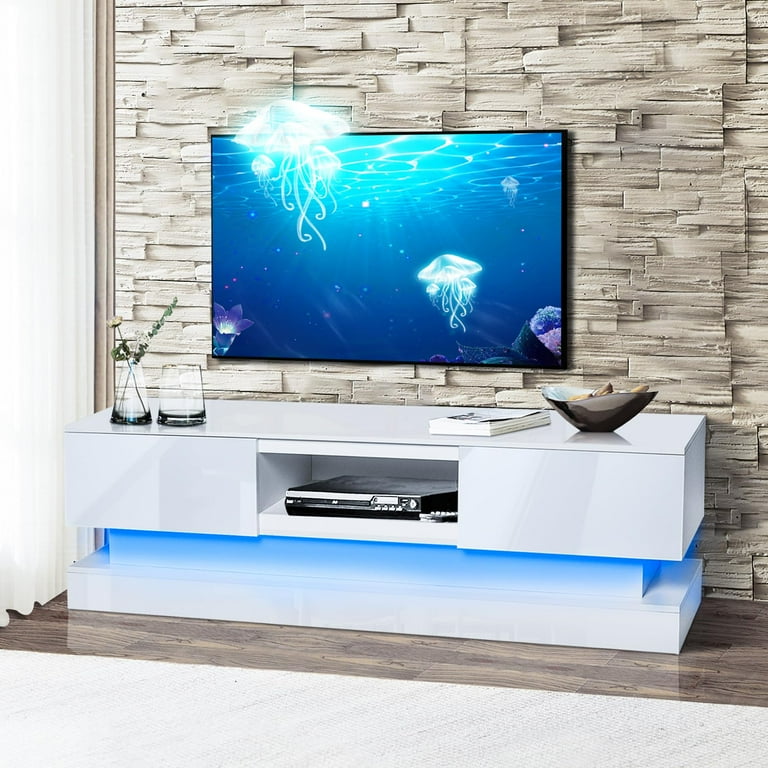 Modern TV Stand with LED Lights White LED Entertainment Center for 42 43 45 48 50 55 inch TV High Gloss Media TV Console Entertainment Stand with 2