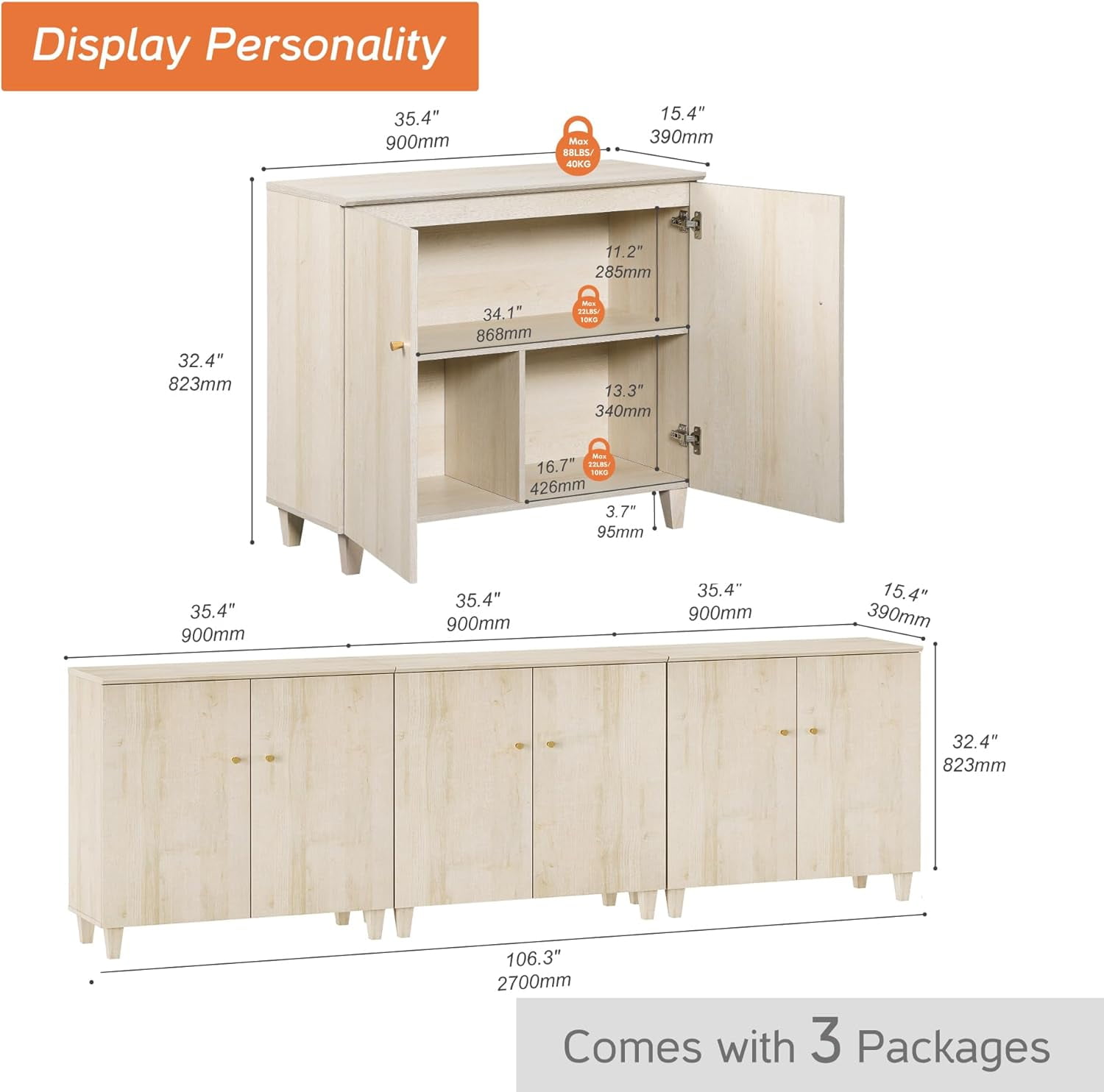 Modern TV Stand Media Console with 6 Doors, 106" Wide Wooden ...