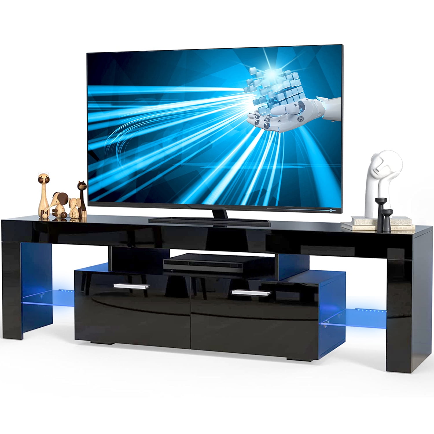 Black 75-inch TV Stand with 16-Color LED Lights, Modern Entertainment ...