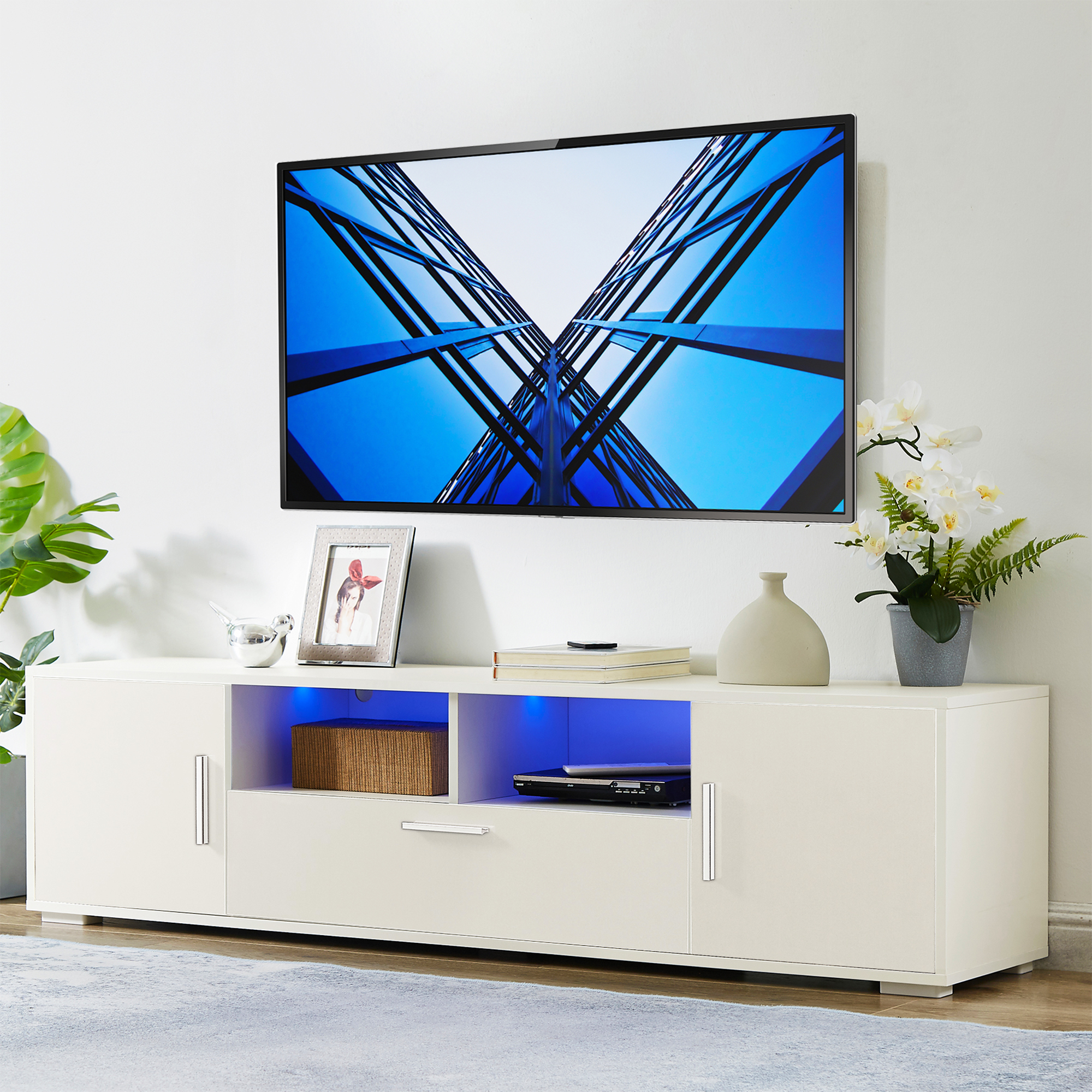 Modern TV Stand, White TV Table Stand With Led Backlight, Media Console ...