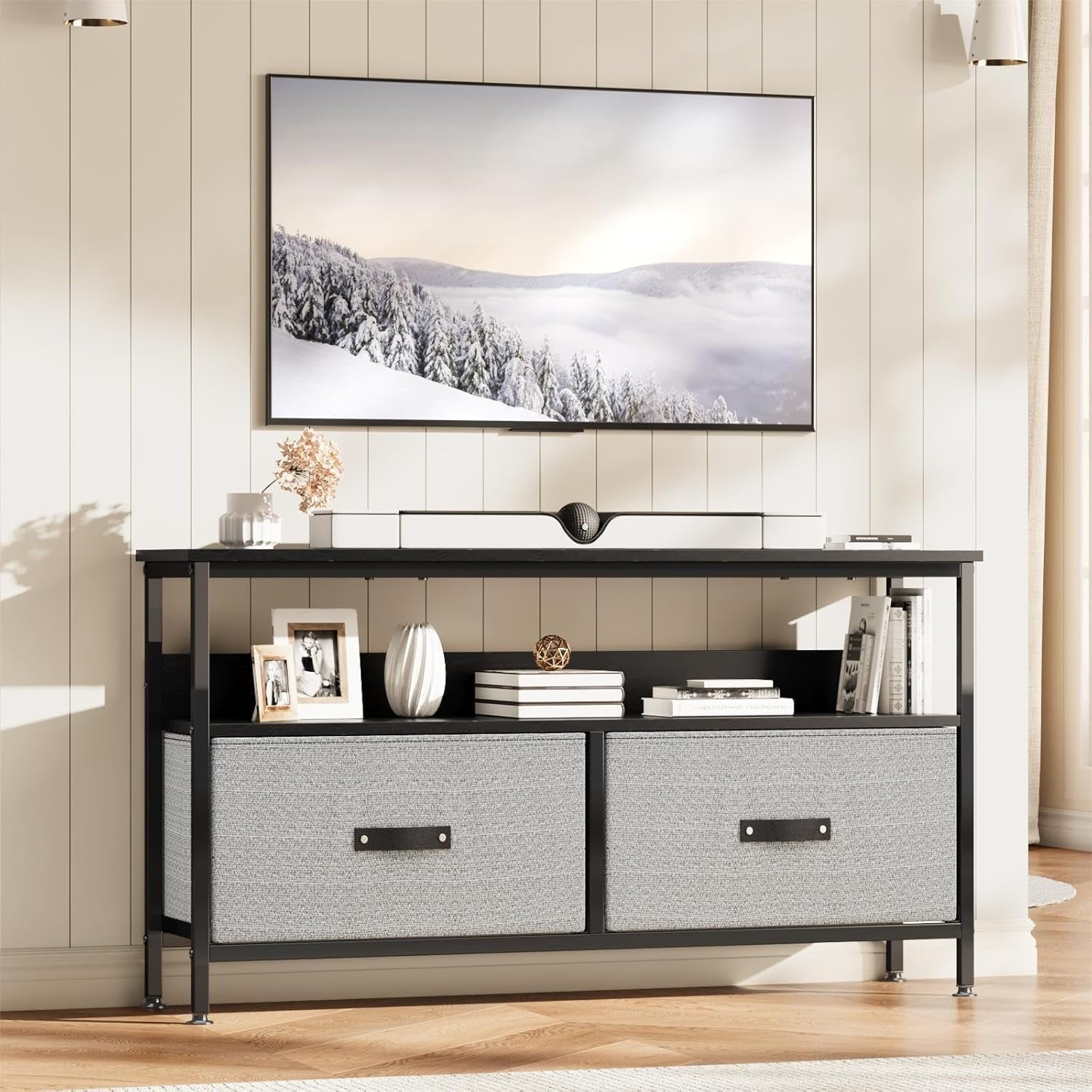 Modern TV Stand for 55-Inch TV with 2 Fabric Drawers, Open Shelves ...