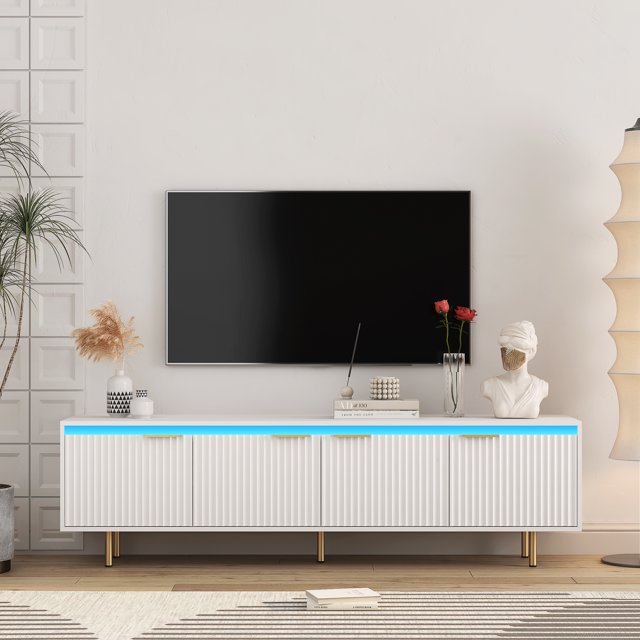 Modern TV Stand for 80 Inch TV, White Wood TV Console with Fluted Trim ...