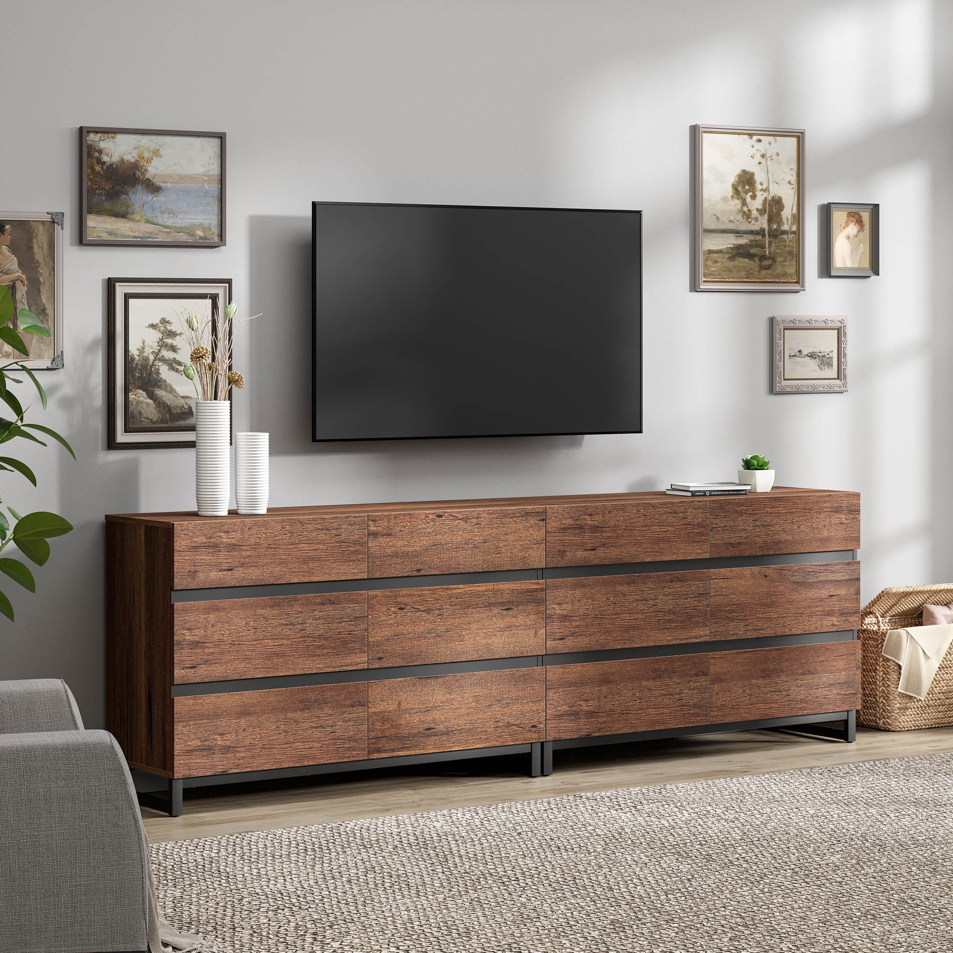 Modern TV Stand with 12 Drawers and Sturdy Metal Base, Entertainment ...