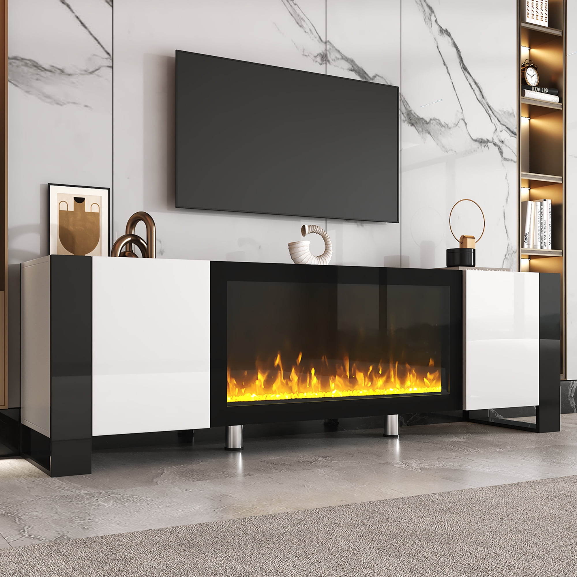 Modern TV Stand with 34.2" Non-heating Electric Fireplace, High Gloss ...