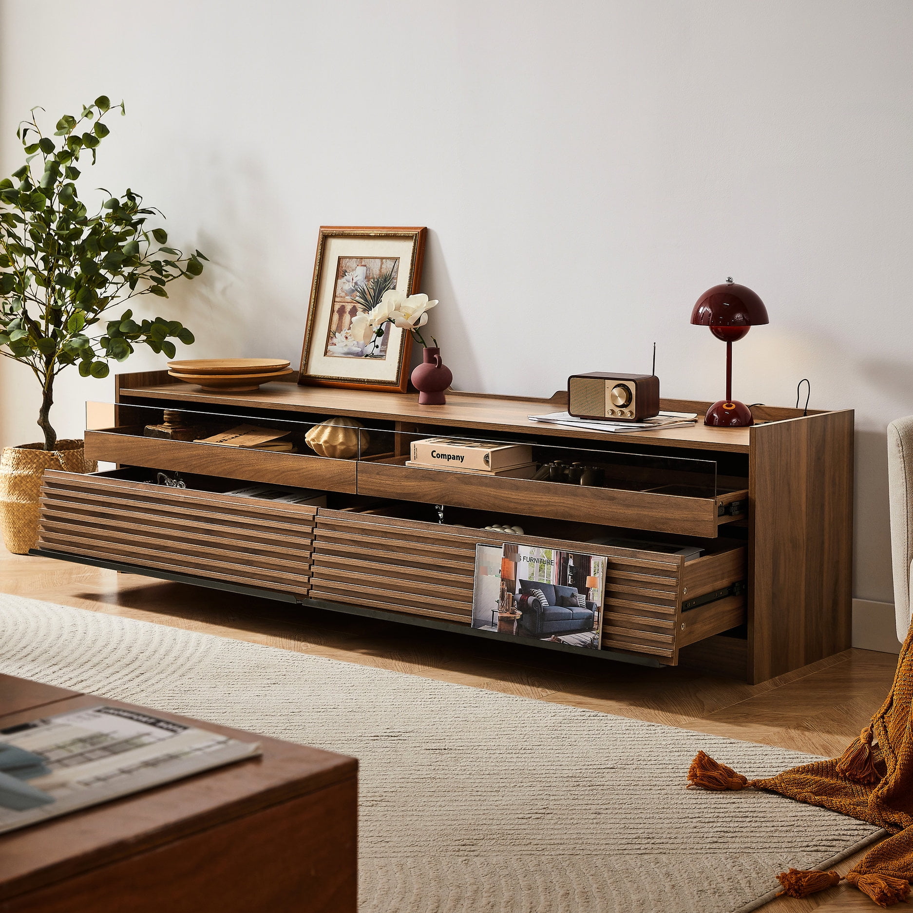 Modern TV Stand with 4 Drawers, Charging, and Soft Glow - Suitable for ...