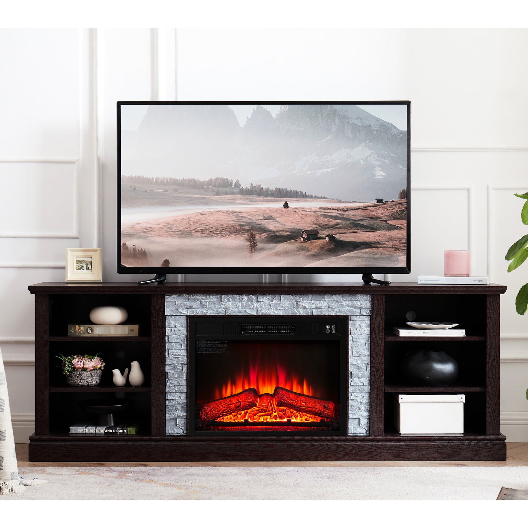 Modern TV Stand with Fireplace, 6 Cable Management Cutouts, Cherry ...