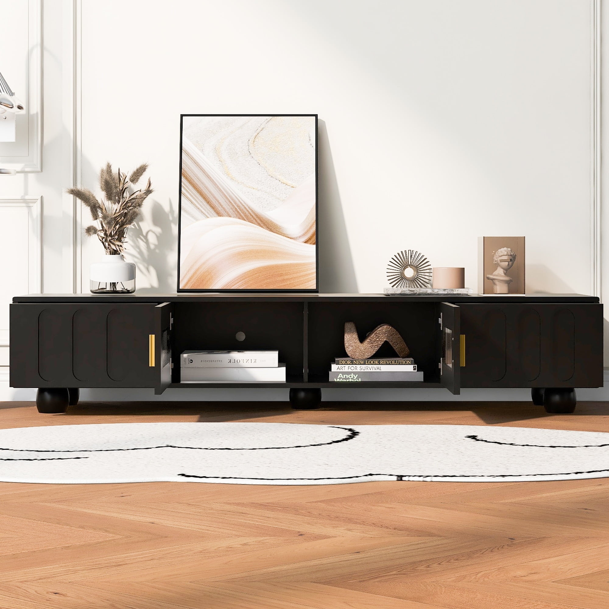 Modern TV Stand with Glass Door 2 Drawers and Cabinets for TVs up to 80 Inches Black - Walmart.com