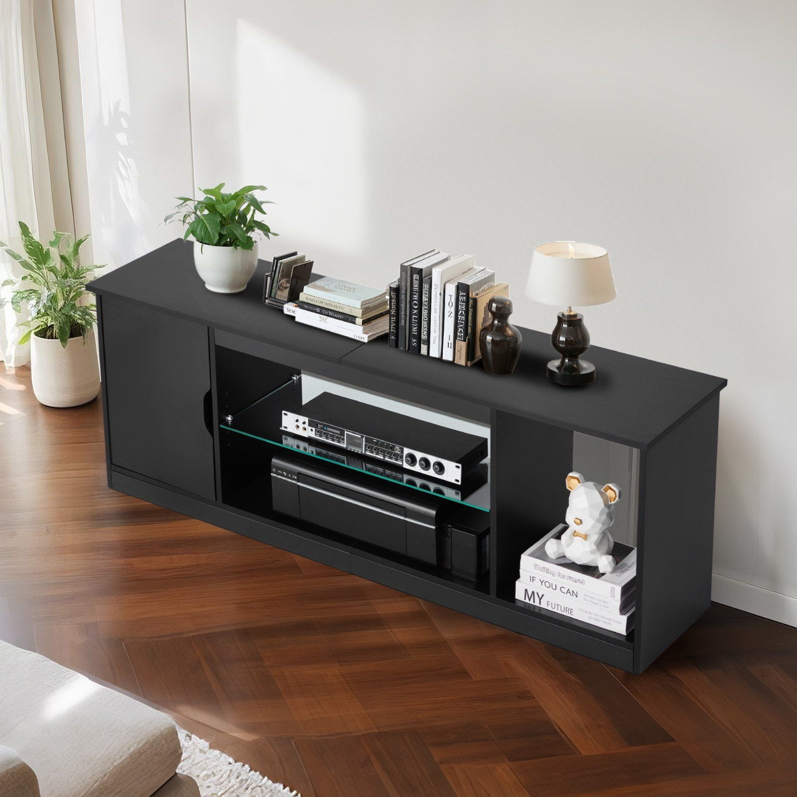 Modern TV Stand with Glass Shelves for 65-Inch TVs - Entertainment ...