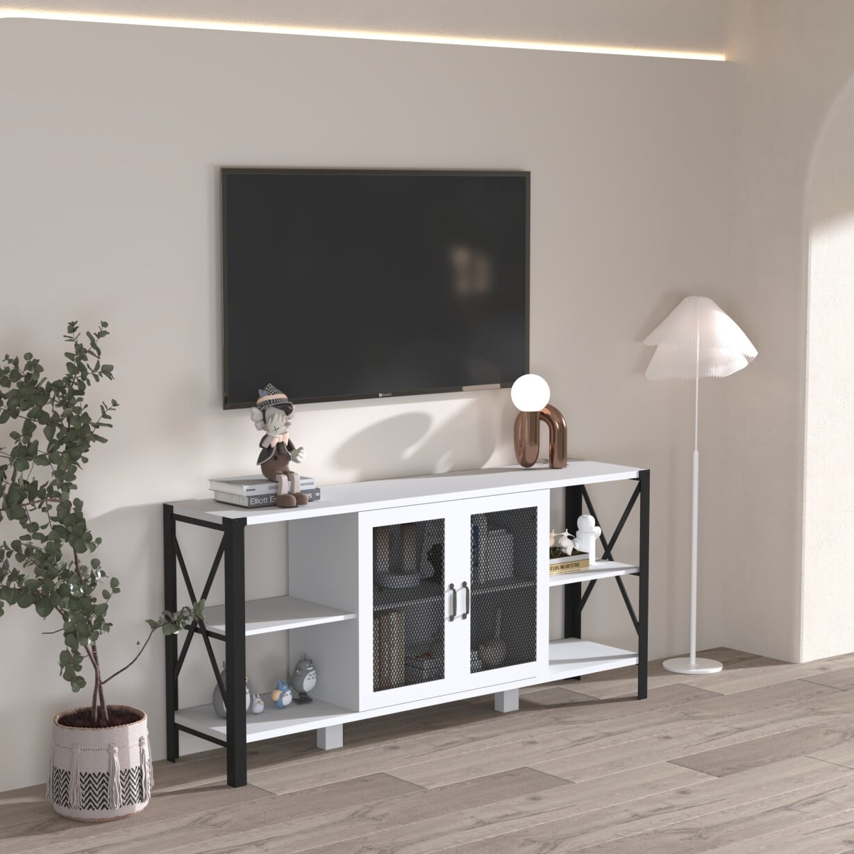 Modern TV Stand with Mesh-door Cabinet, Durable Storage Cabinet with ...