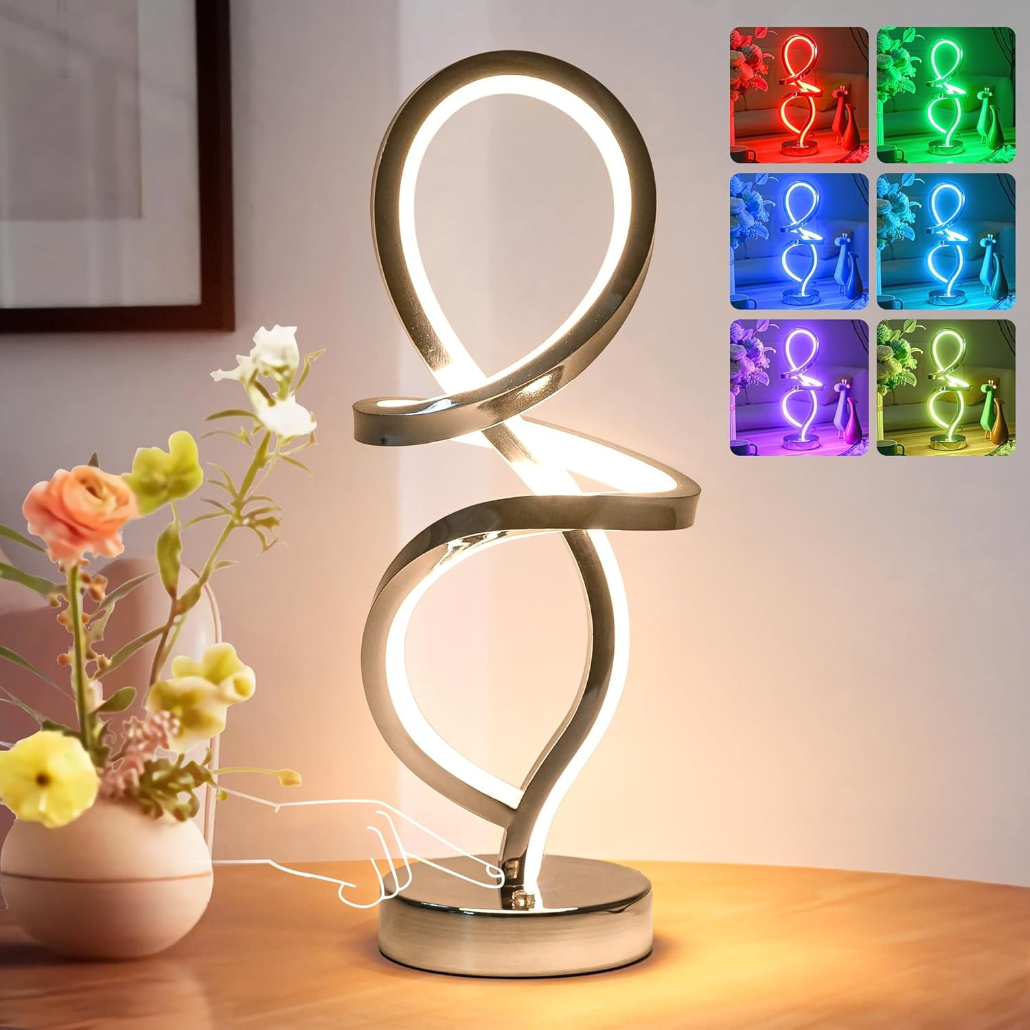 Modern Table Lamp, RGB Table Lamp，LED Spiral Lamp, Silver Bedside Lamp ...