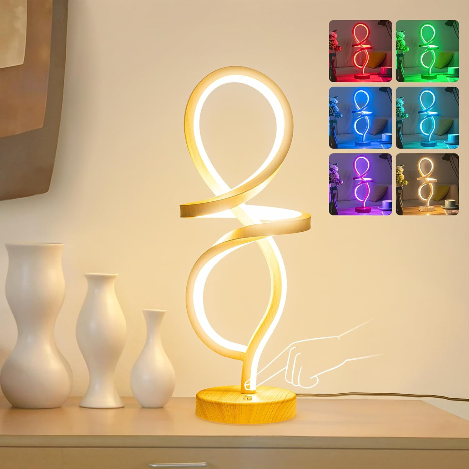 Modern Table Lamp, RGB Table Lamp，LED Spiral Lamp, Silver Bedside Lamp ...