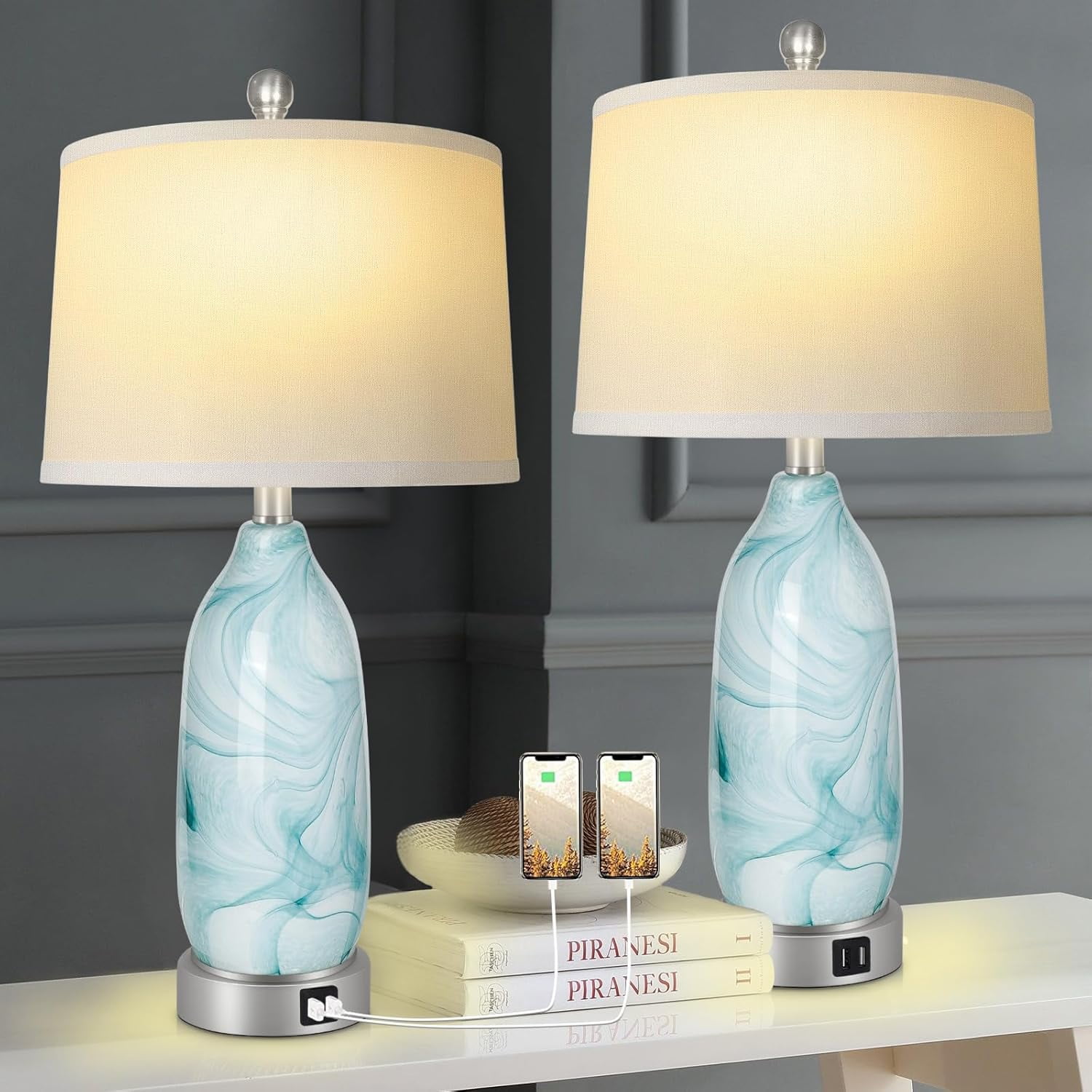 Modern Table Lamp Set of 2, Blue Glass Bedside Lamps with 2 USB Ports ...