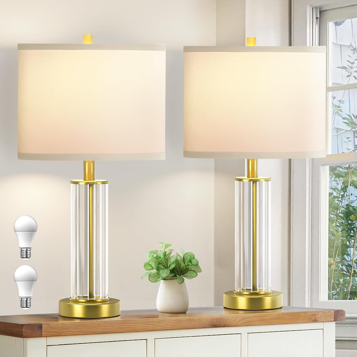 Modern Table Lamps for Bedrooms Set of 2, 22.8" Gold Glass End Table ...