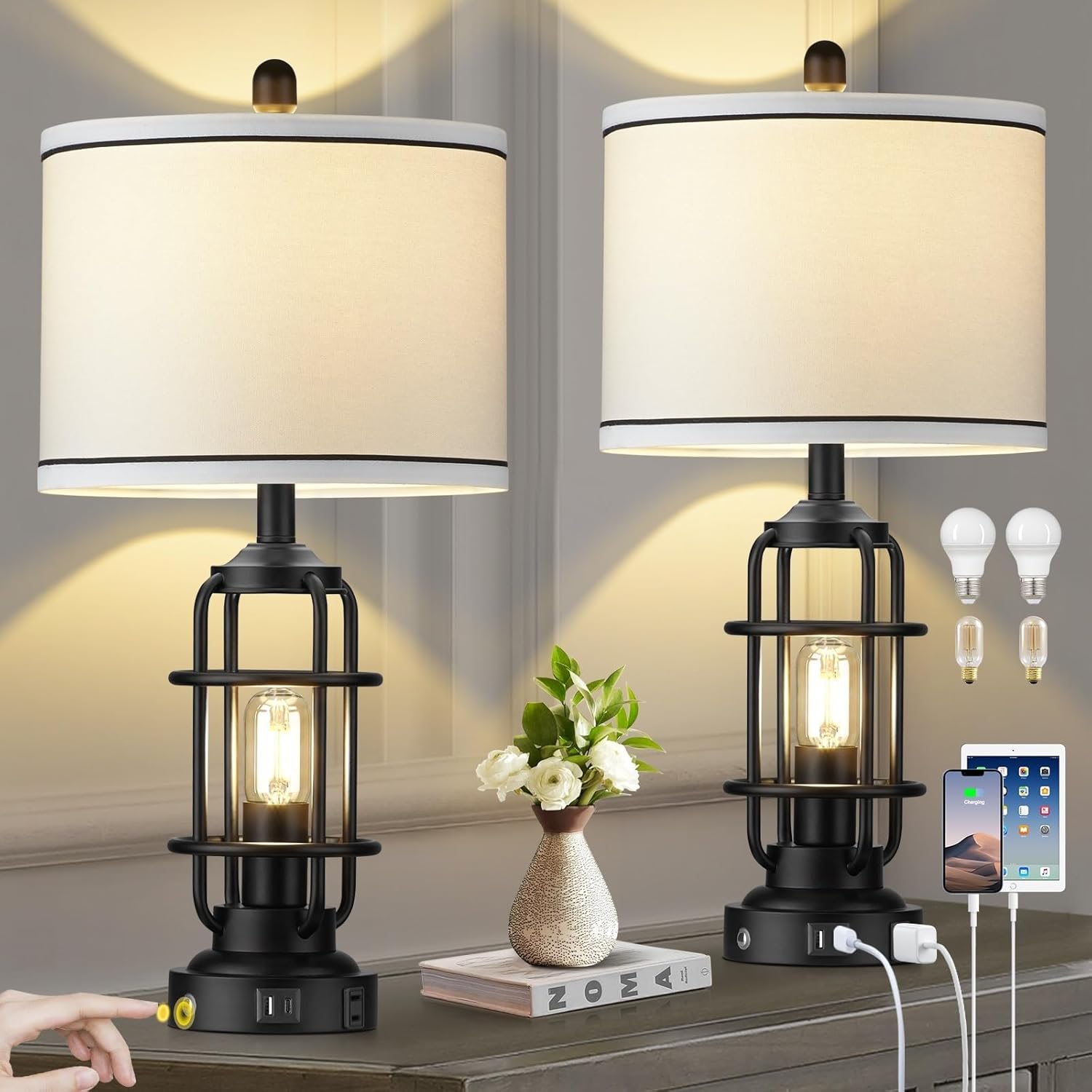Modern Table Lamps, Industrial 3-Way Dimmable Bedside Lamp with USB A+C ...