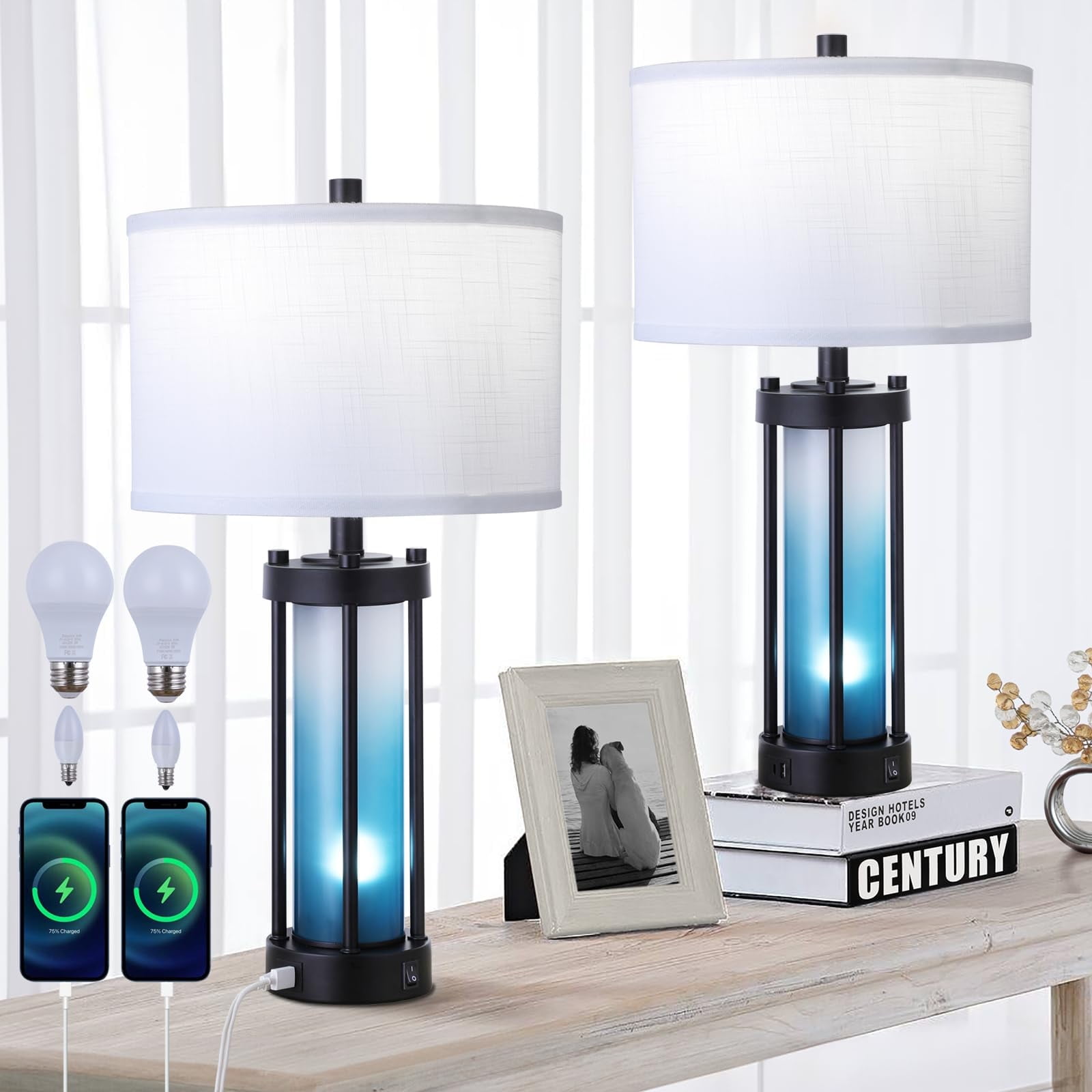 Lambaolom 2-Piece Modern Table Lamps with Night Light, Gradient Blue ...