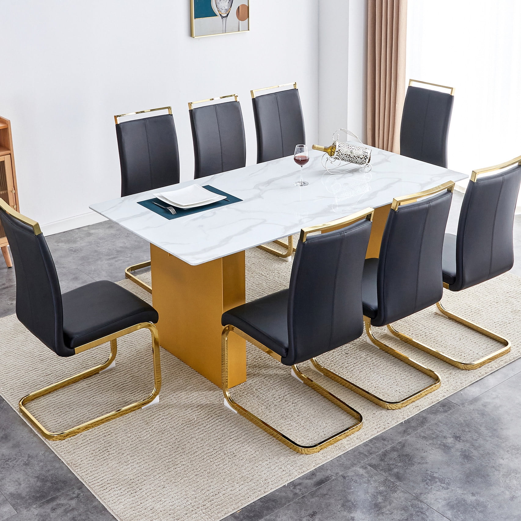 Modern Table and Chair Combo with Glass Surface and PU Seats | Uniform ...