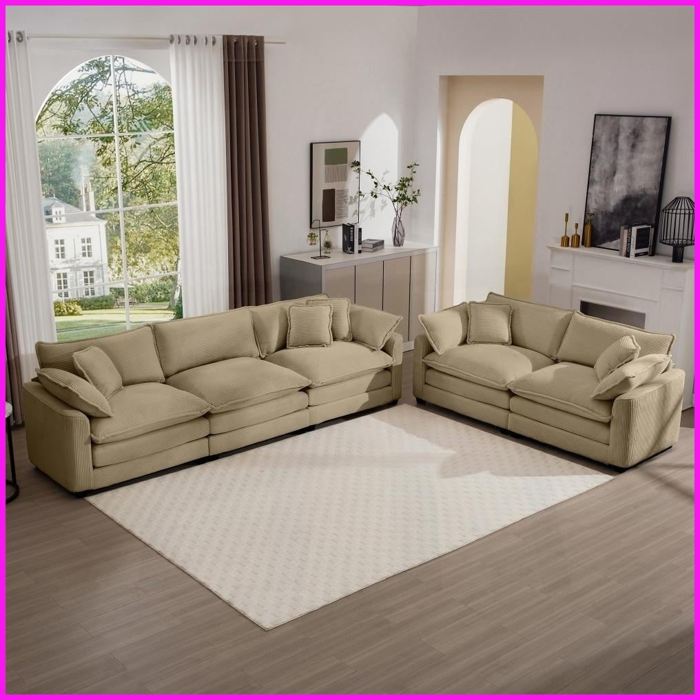 Modern Tan Corduroy 2-Piece Sofa Set - Two 2-Seaters with Deep Memory ...