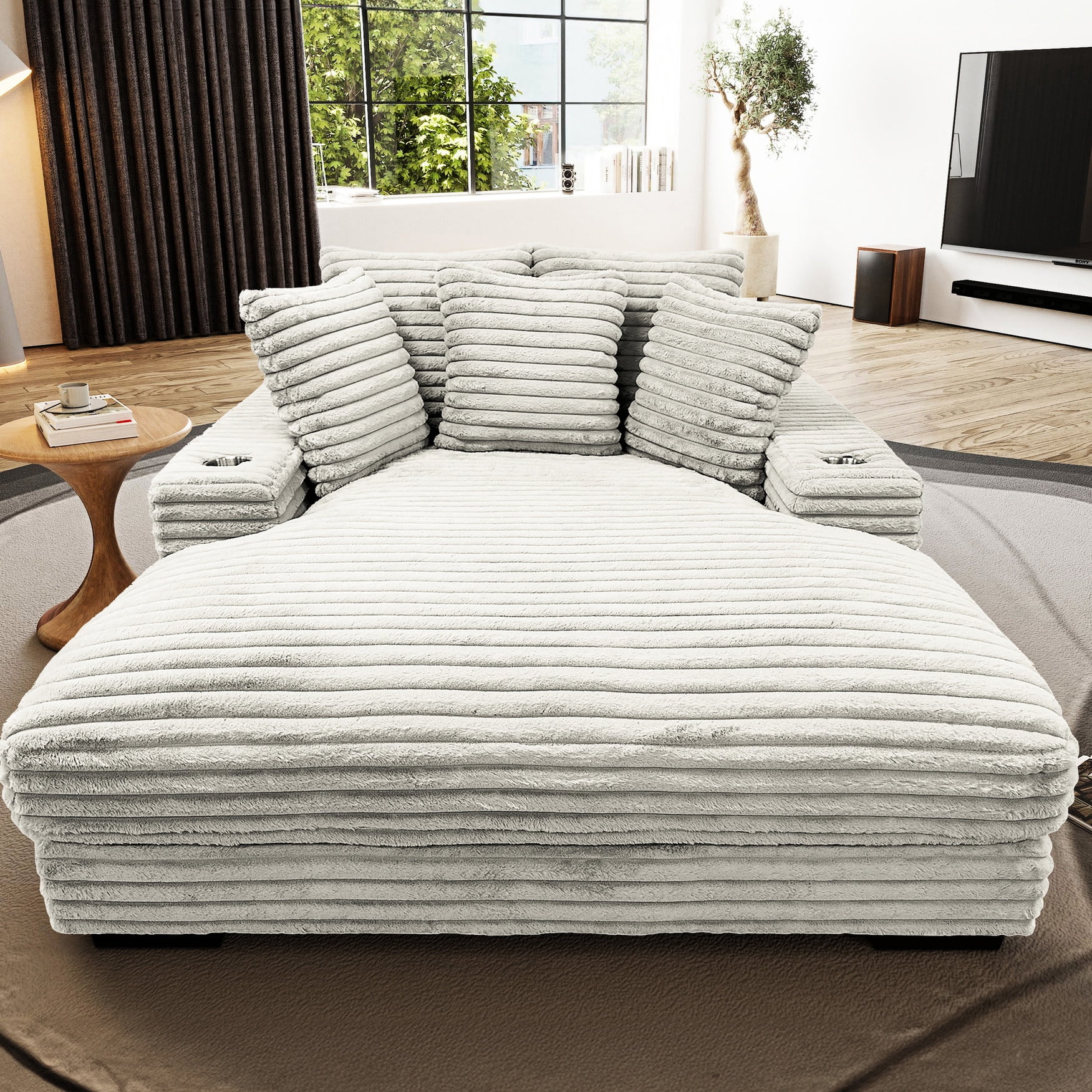 Modern Taupe Chaise Sofa, Oversized with Cupholders and USB, Bedroom ...