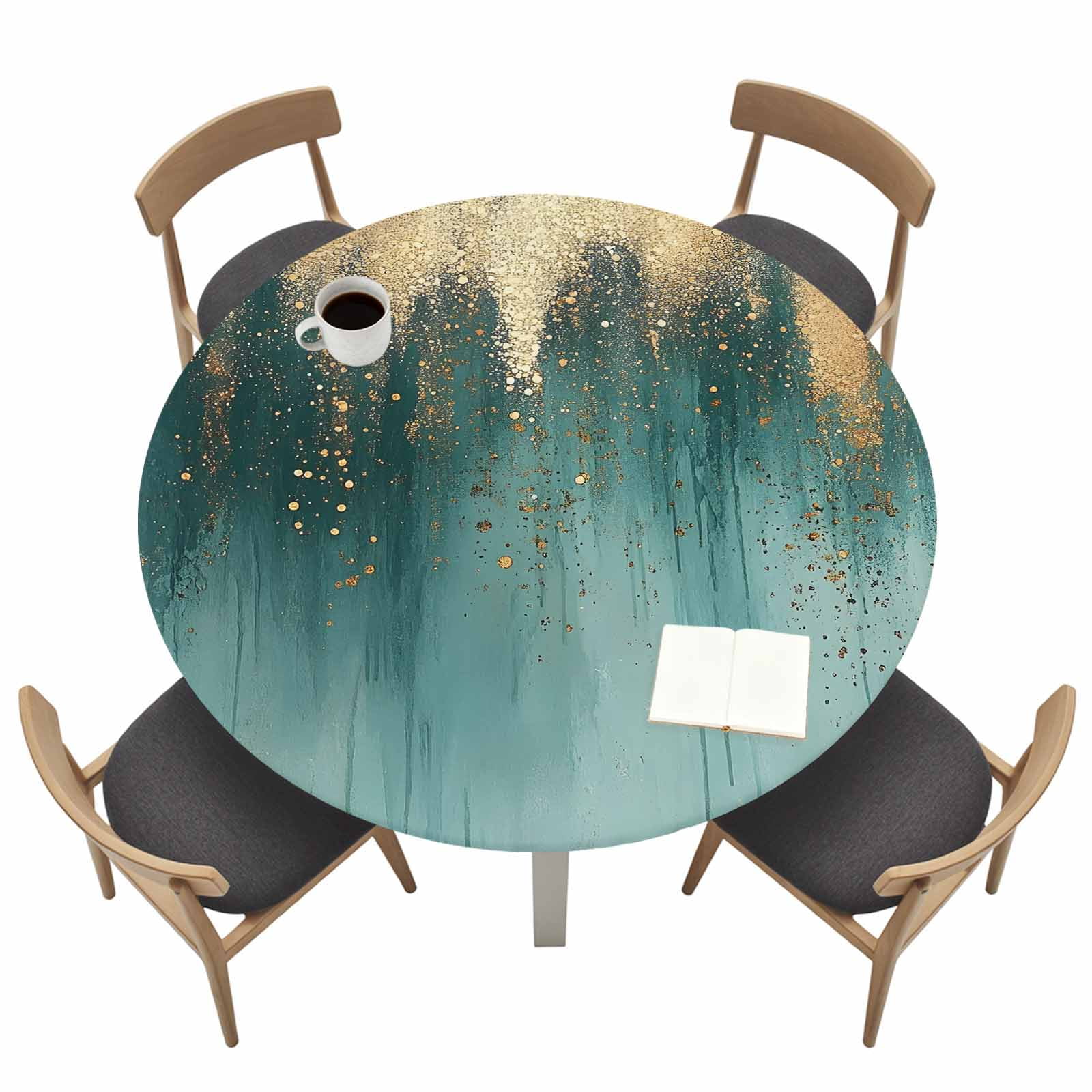 Modern Teal Gold Round Fitted Tablecloth with Elastic Edge Abstract ...
