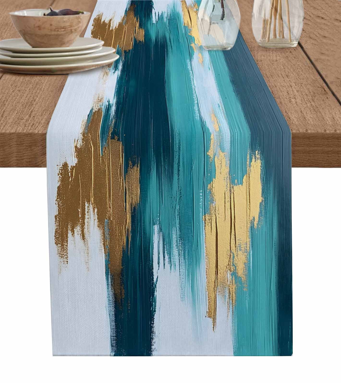 Modern Teal Green Table Runner 72 Inches, Abstract White Gold Oil ...