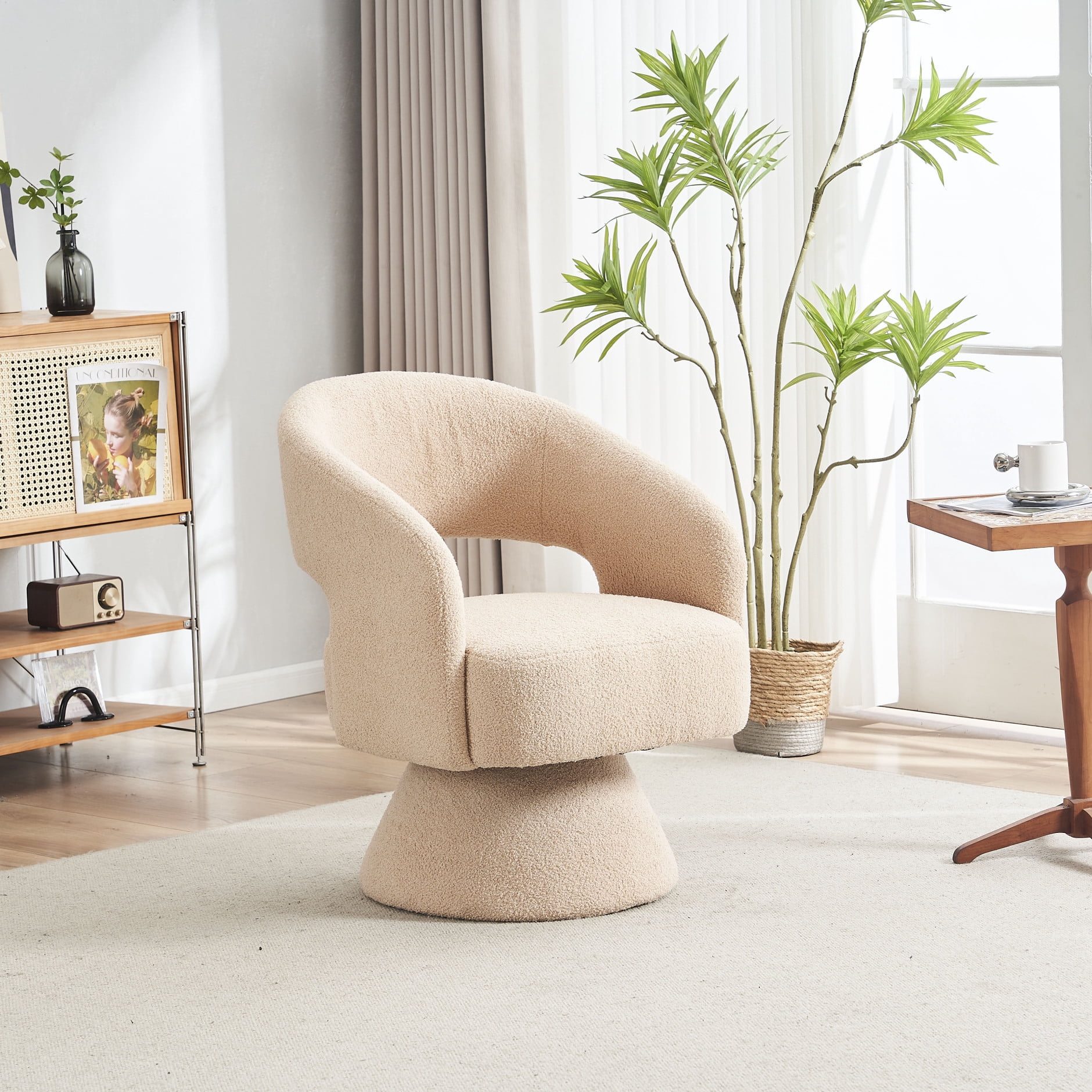 Swivel Accent Armchair with Round Base, Modern Upholstered Barrel Chair ...