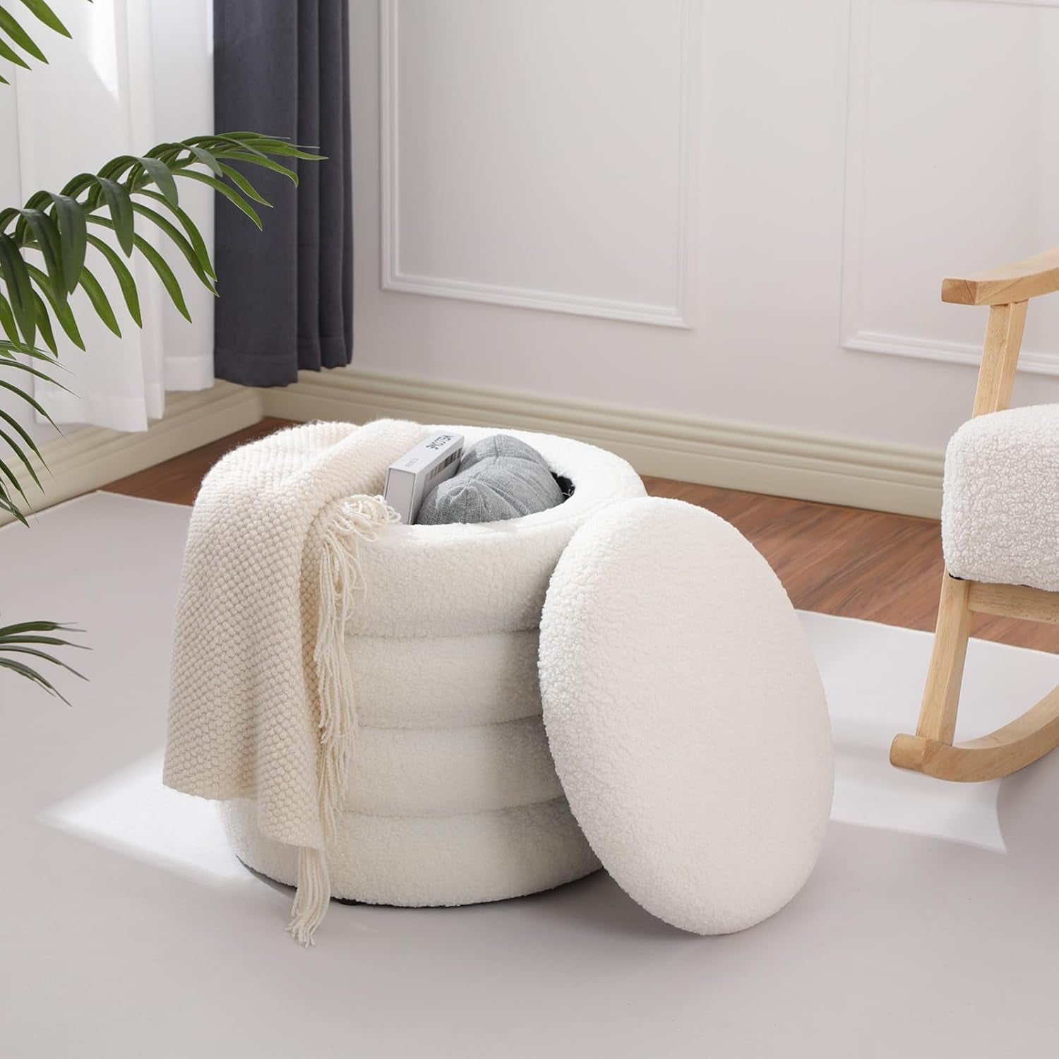 Modern Teddy Sherpa Foot Rest for Couch, Round Ottoman with Storage ...