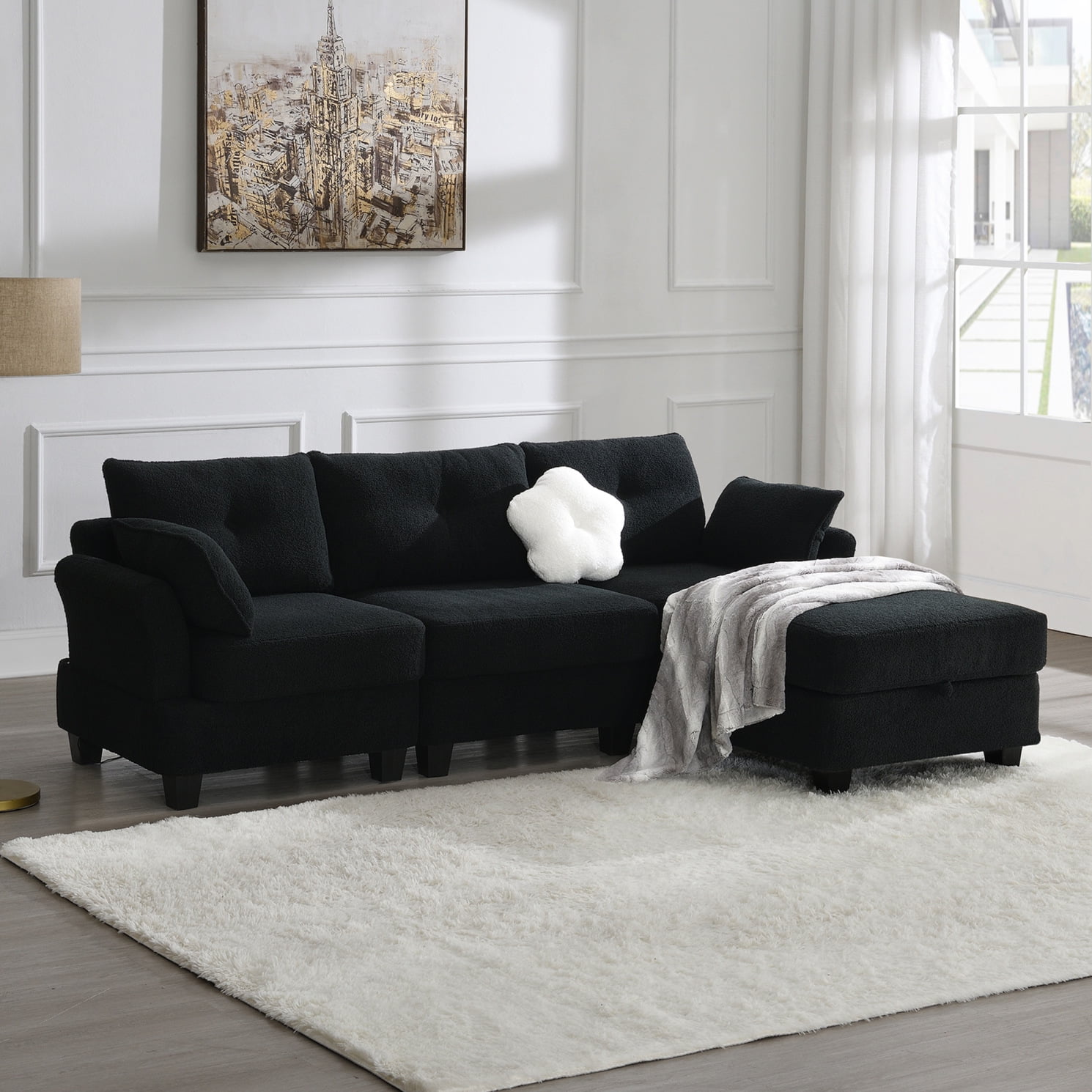 Modern Teddy Velvet Sectional Sofa,Charging Ports on Each Side,L-shaped Couch with Storage ...