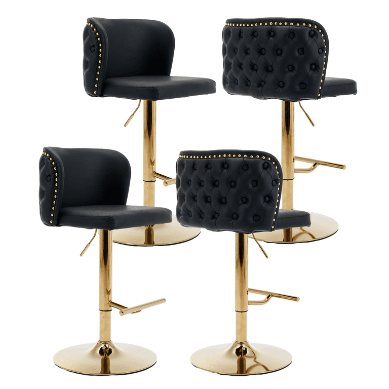Modern Thick Round Swivel Bar Stool Chair with Golden Base Adjustable from 25 33 Inch Bar Stools PU Upholstered Stool with Back Footrest for