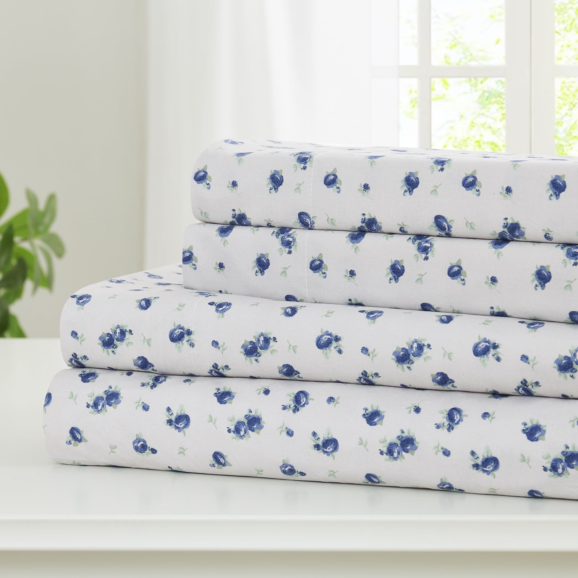 Modern Threads 4-Piece Sweet Rose Blue Printed Microfiber Adult Sheet ...