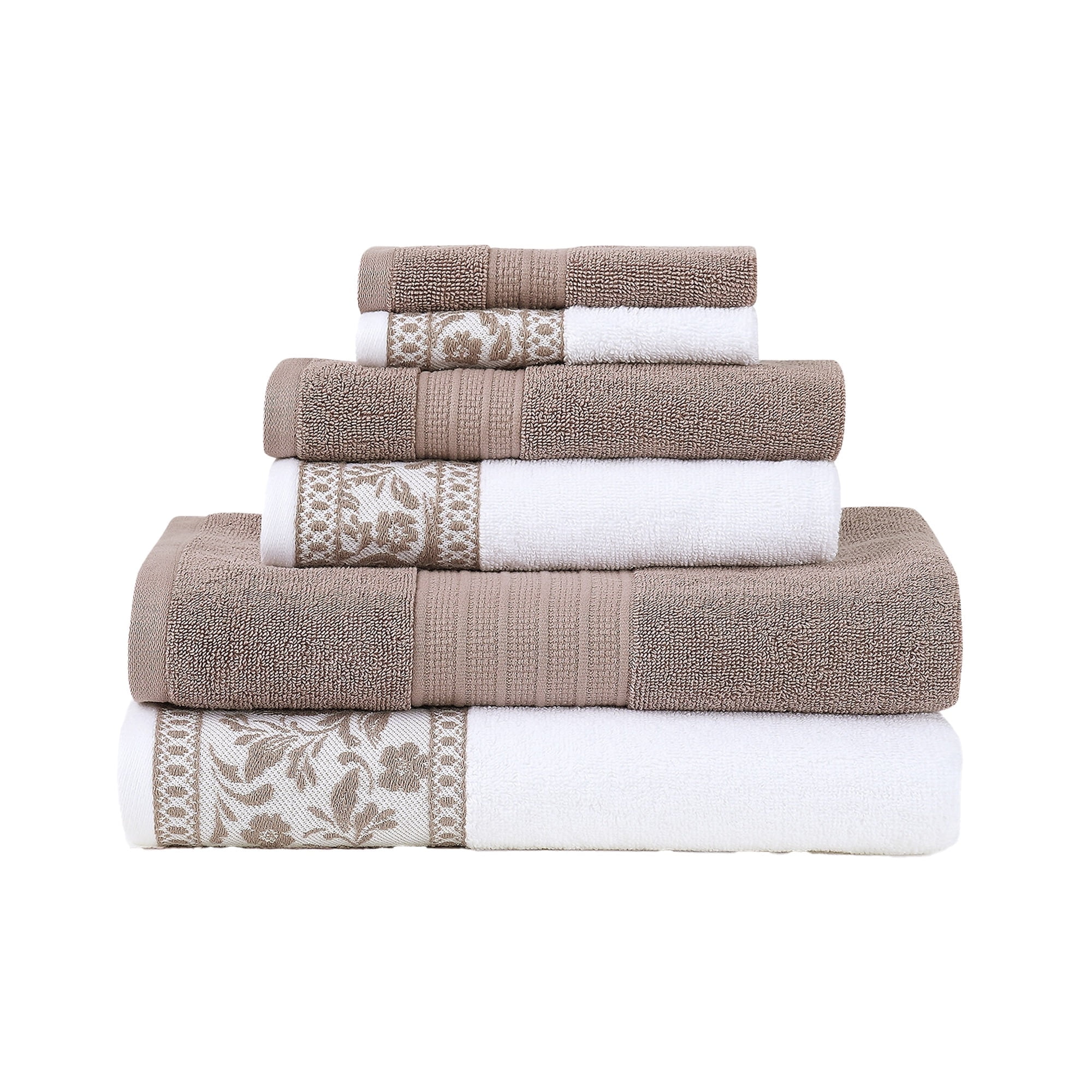Modern Threads Allie Jacquard Border 6-Piece Cotton Towl Set, Fawn ...