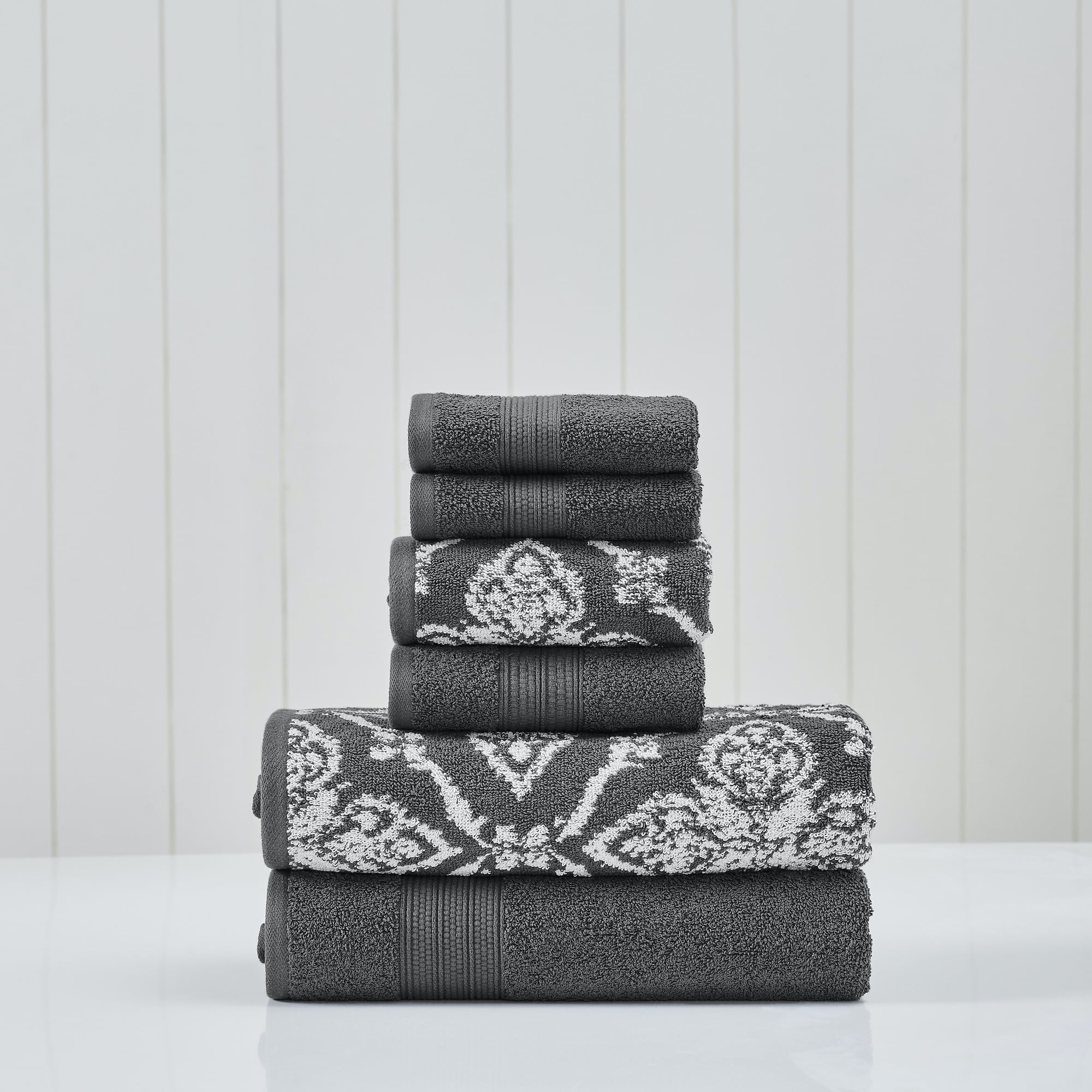 Modern Threads Amaris 6-Piece Adult Cotton Bath Towel Set, Amaris, Coal ...