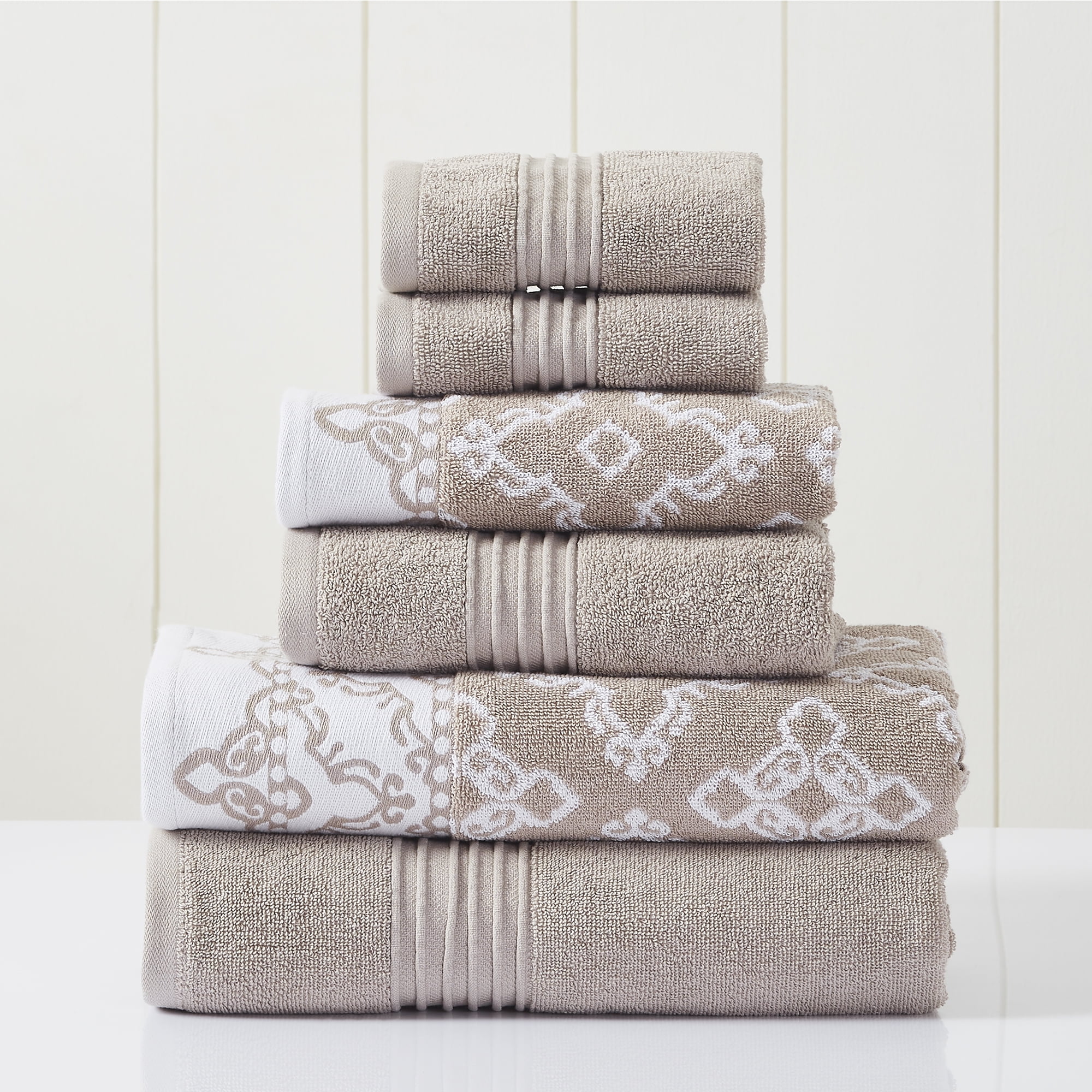 Modern Threads Decorative Charlize 6-Piece Cotton Bath Towel Set, Fawn ...
