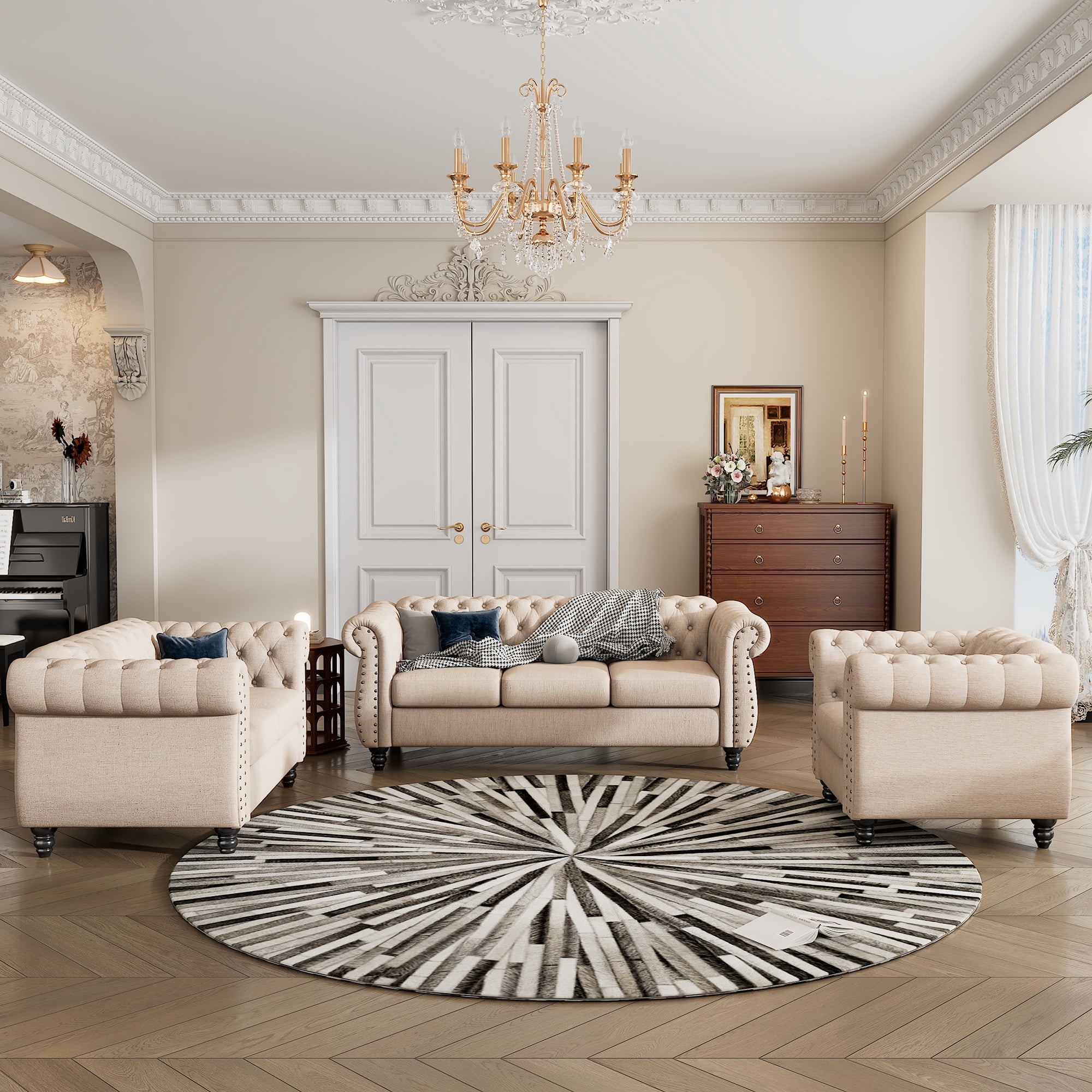 Modern Three-Piece Sofa Set with Solid Wood Legs, Button-Down Tufted ...