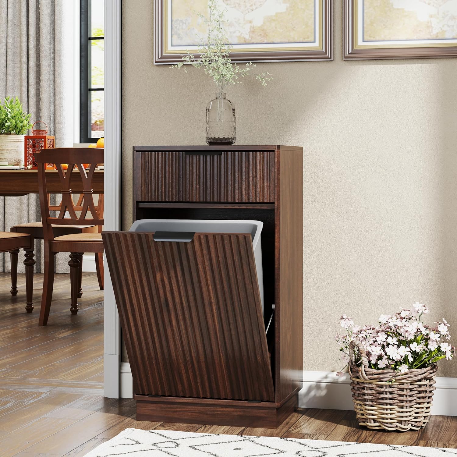 Modern Tilt-Out Trash Cabinet, 10 Gallon Fluted Laundry Hamper Cabinet ...