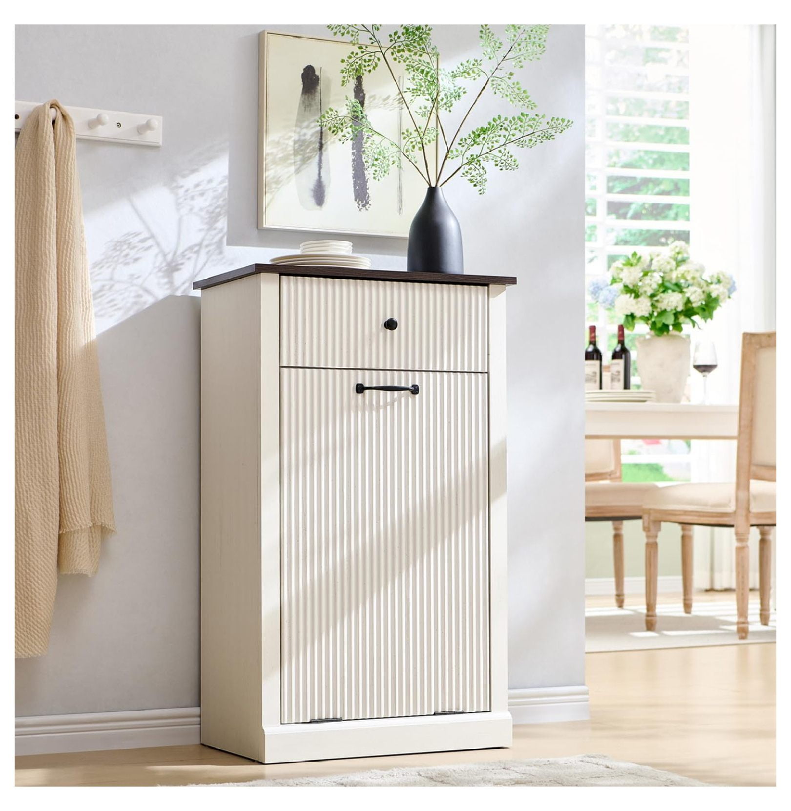 Modern Tilt-Out Trash Can Cabinet, 10 Gallon Fluted Laundry Hamper Cabinet with Drawers, Wooden ...