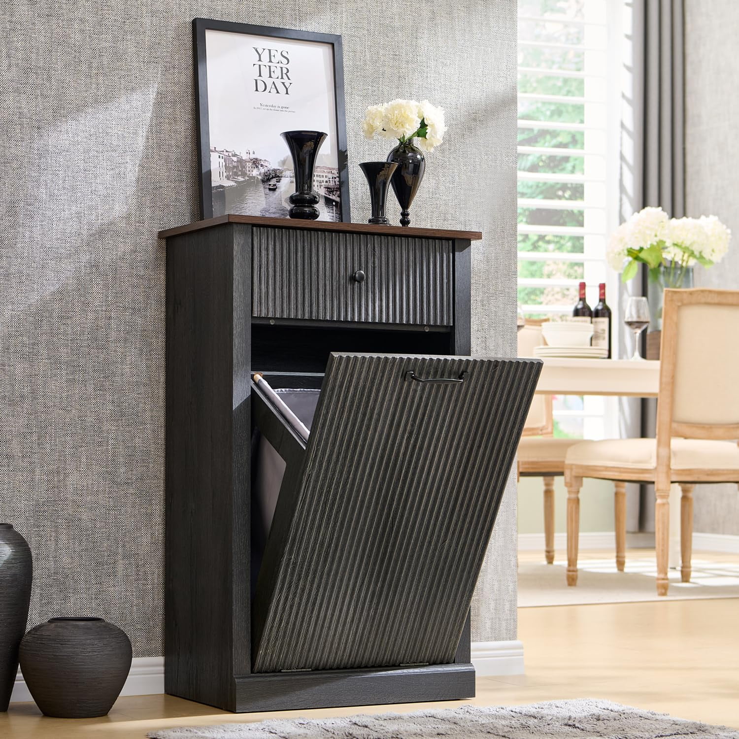 Modern Tilt-Out Trash Can Cabinet, 10 Gallon Fluted Laundry Hamper ...