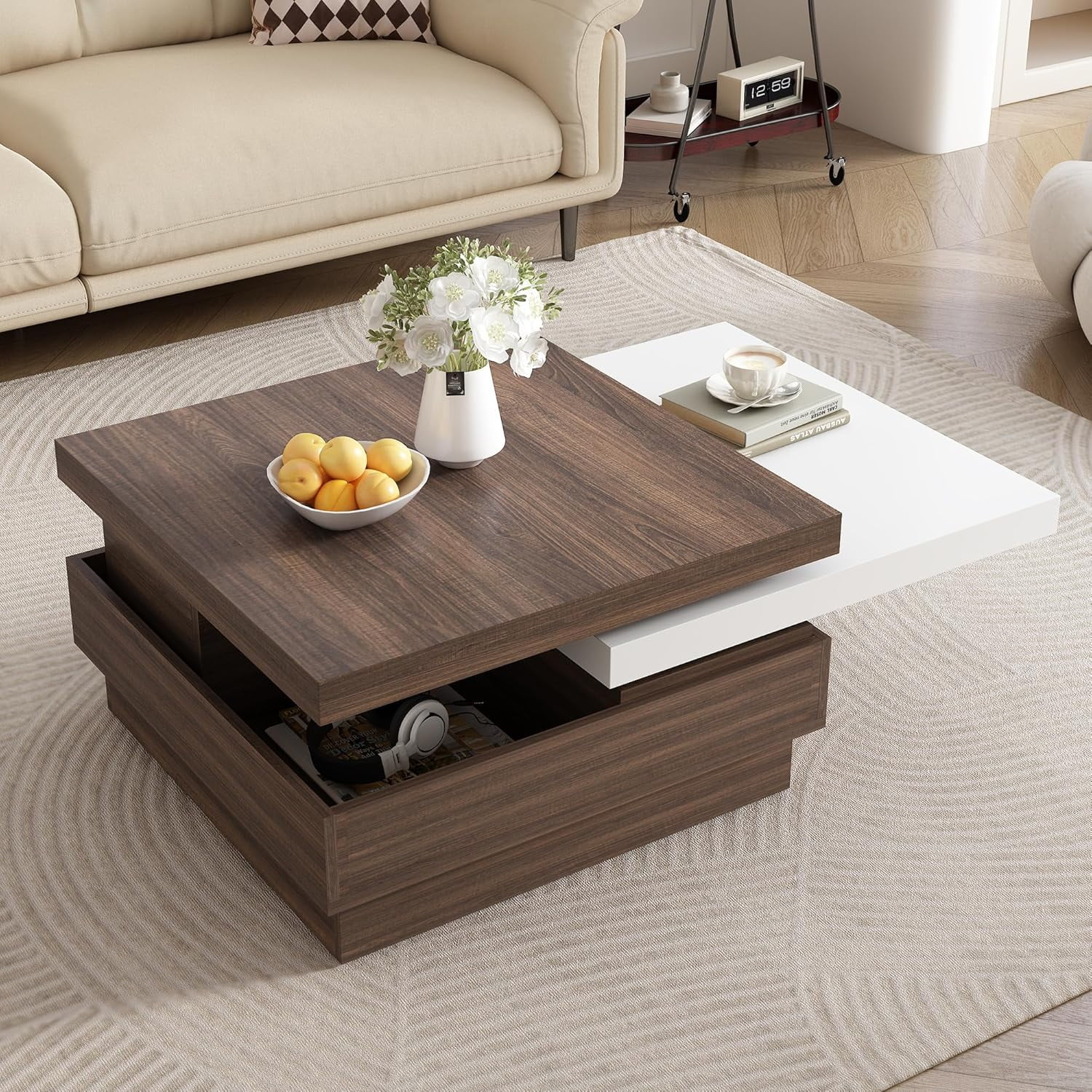 Modern -Tone Coffee Table Rectangular Center Table with 2 Storage ...