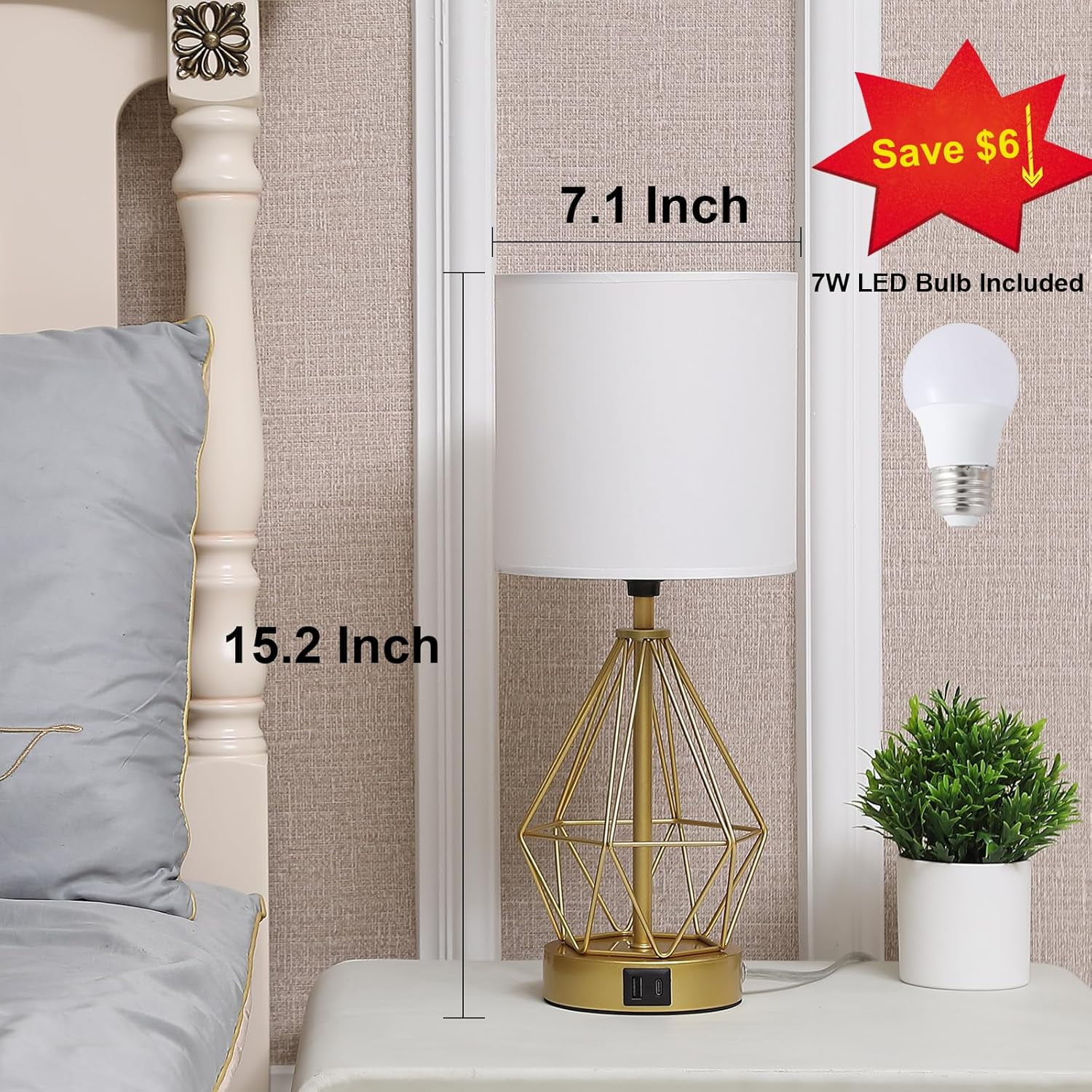 Modern Touch Control Small Gold Table Lamp with Dimmable Light, USB C+A ...