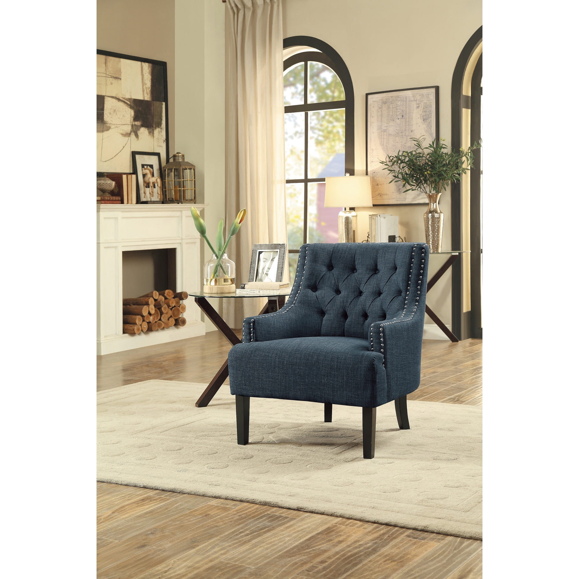 Modern Traditional Indigo Accent Chair with Nailhead Trim / Functional ...