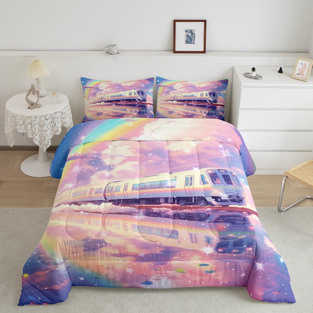 Modern Train Bedding Set Queen Size,Rainbow Cloud Starry Sky Comforter ...