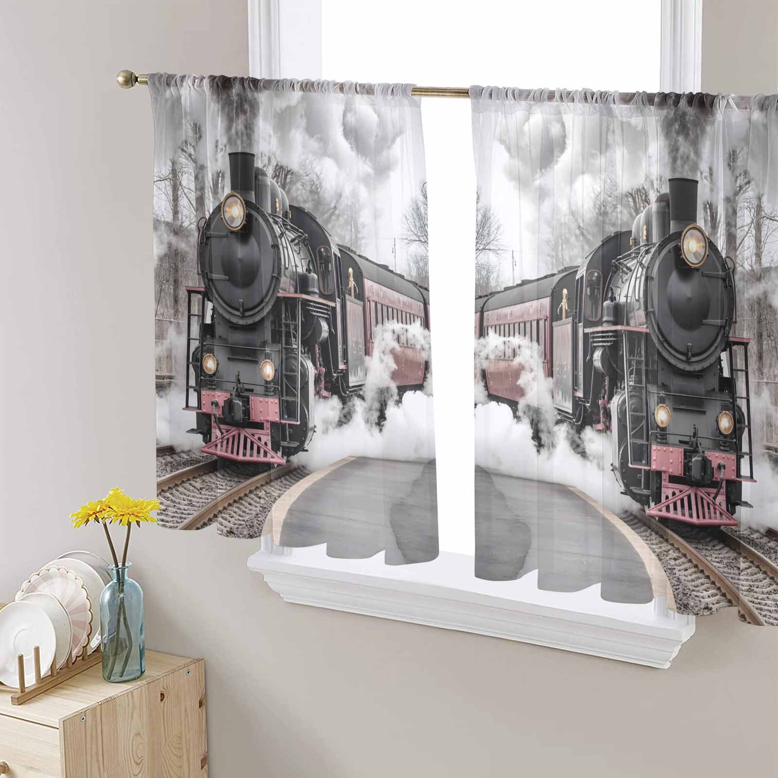 Modern Trains Sheer Curtains 45 Inch Length 2 Panels Set, Semi ...