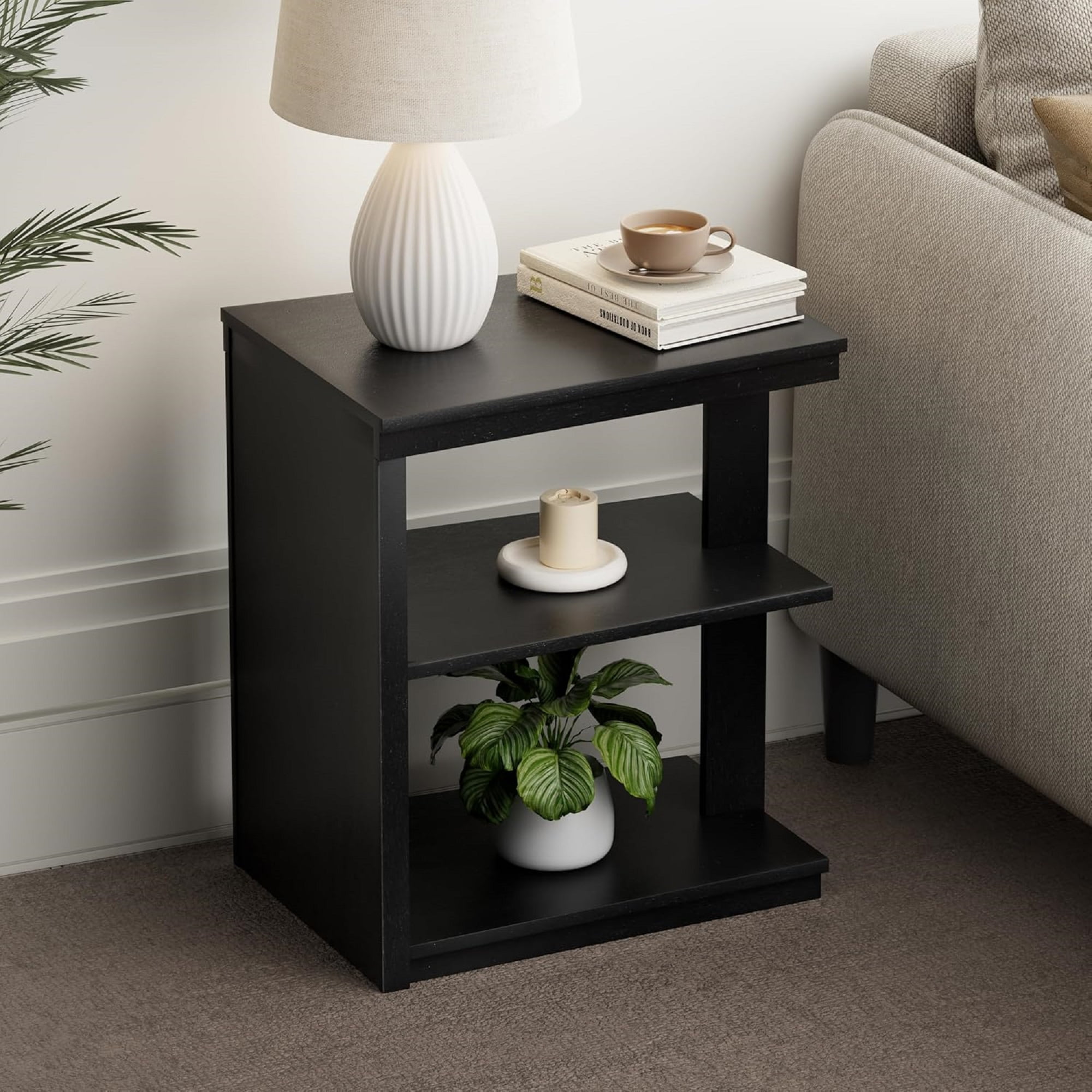Modern Trapezoid End Table in Black with 2 Open Shelves for Living Room ...
