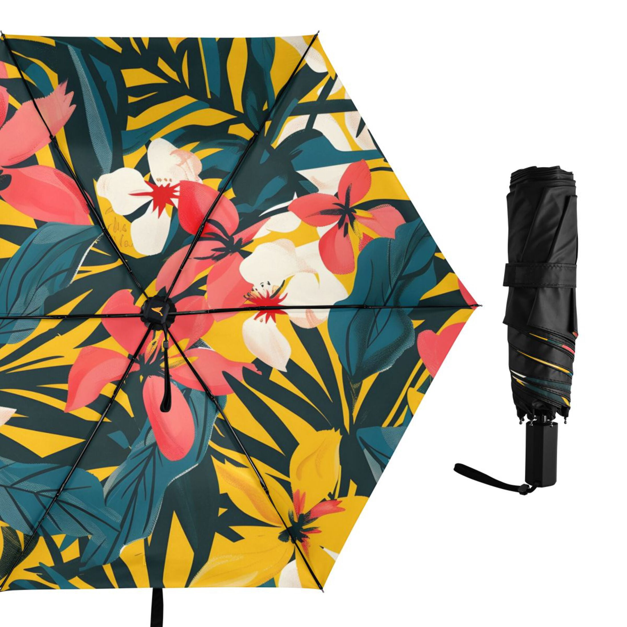 Modern Tropical Floral Leaves Triple Folding Umbrella Parasol 6 Ribs UV ...