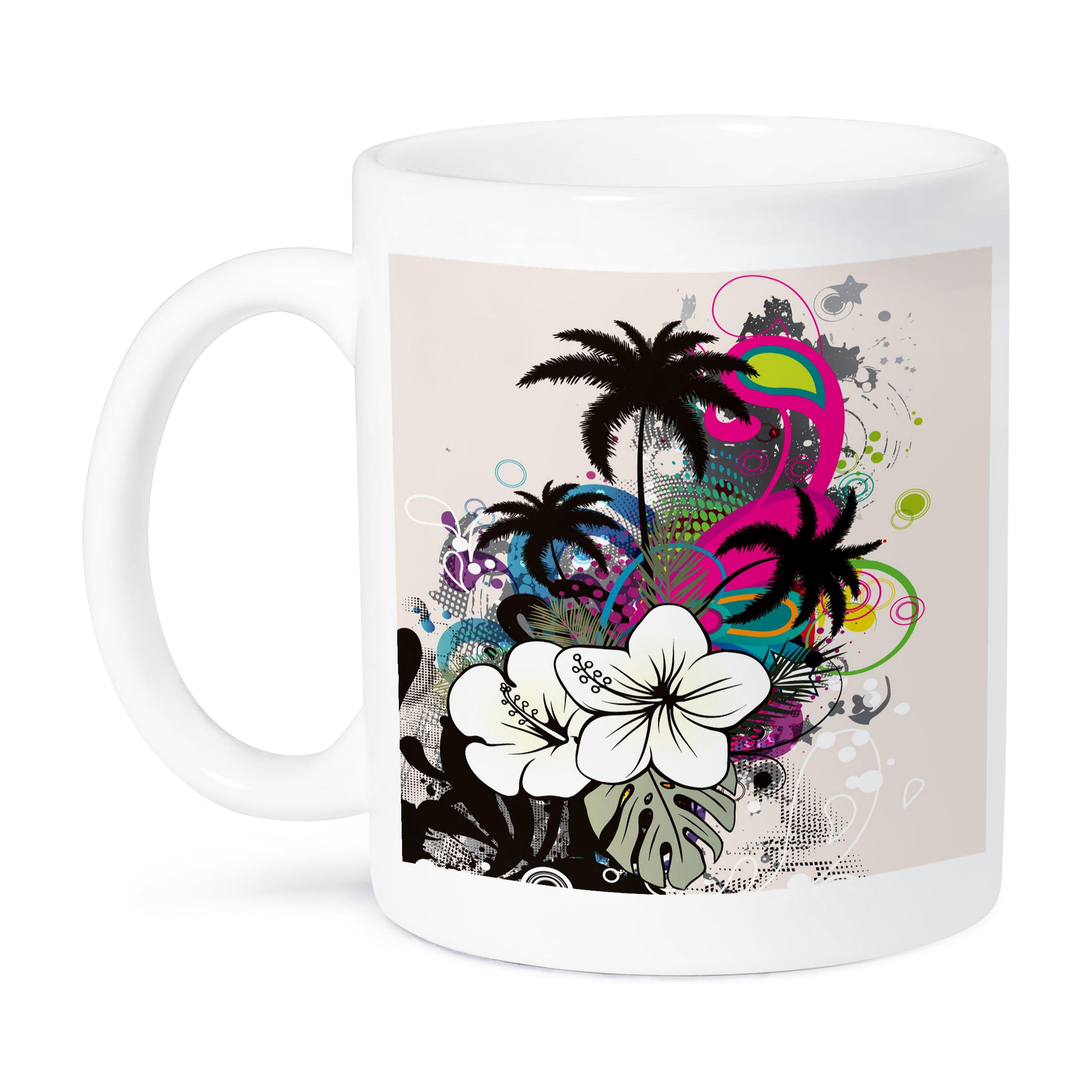 3dRose, Modern Tropical Floral and Palm Trees Swirl Vector Art, 15oz ...