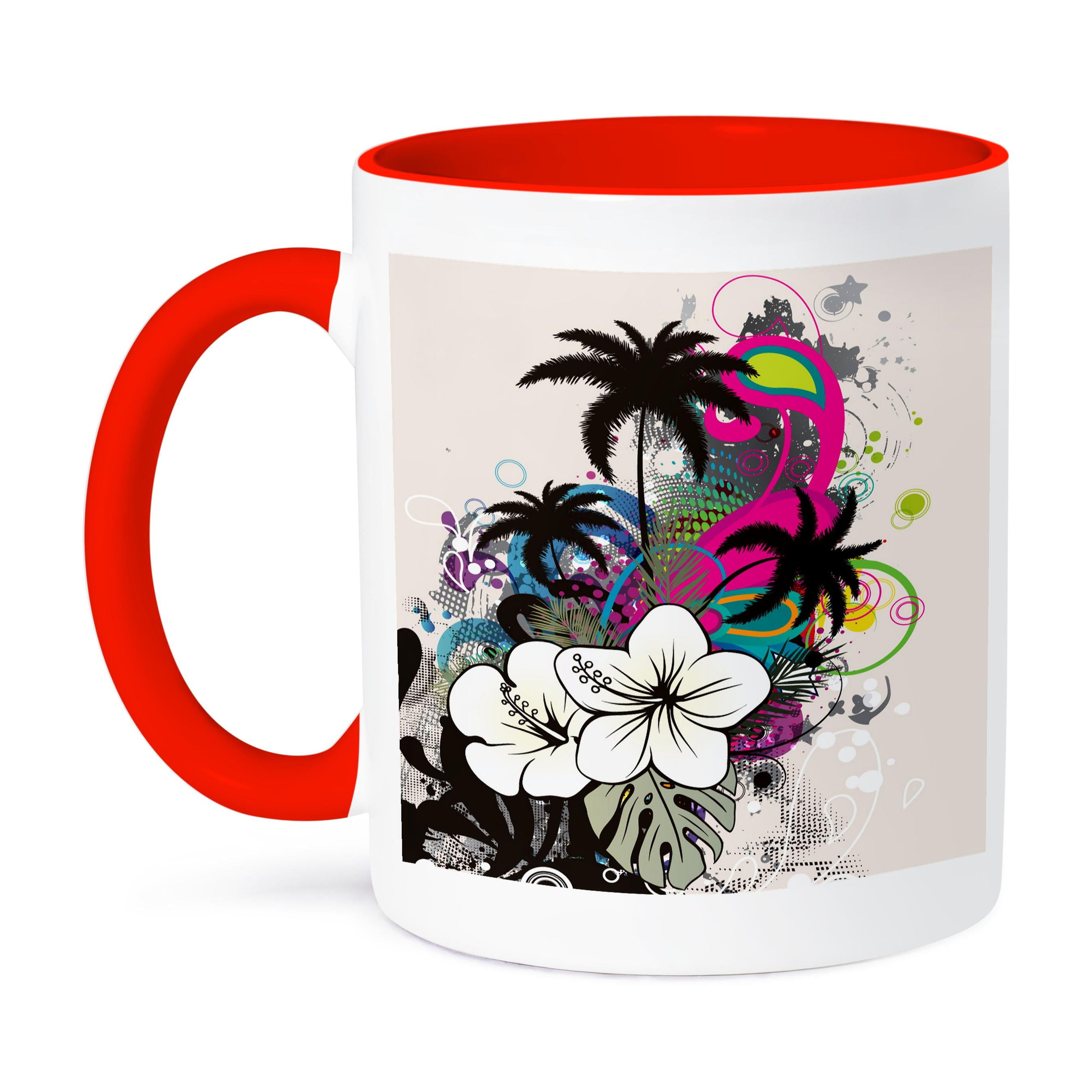 3dRose, Modern Tropical Floral and Palm Trees Swirl Vector Art, 15oz ...