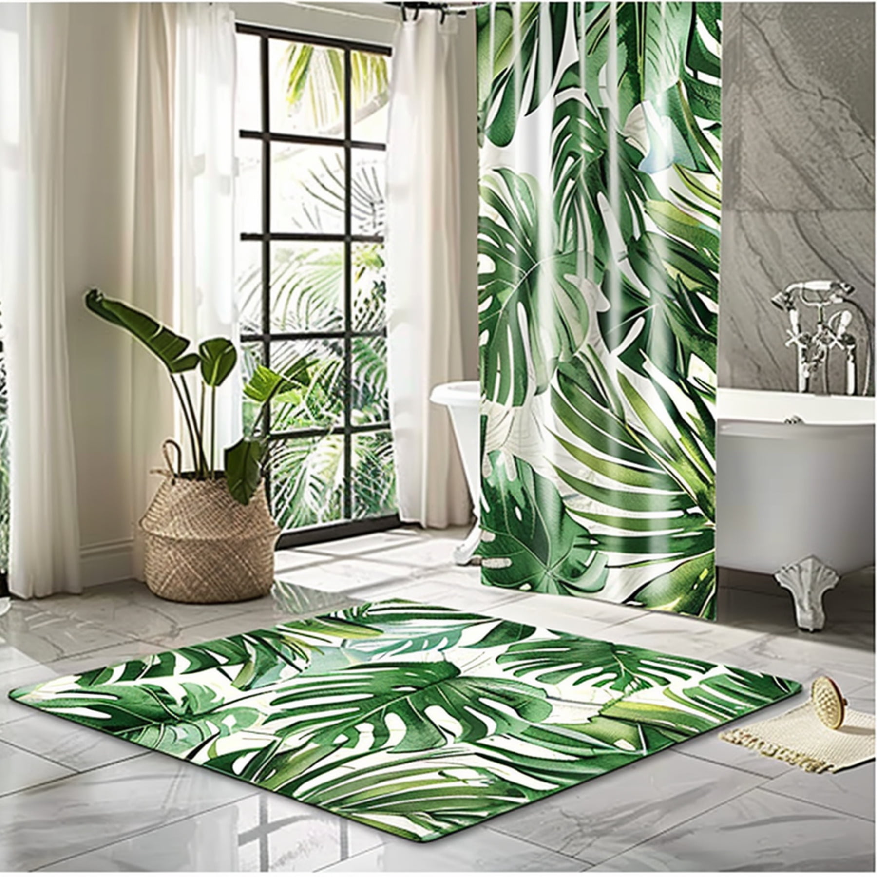 Modern Tropical Rainforest Bathroom Set Monstera Leaf Palm Leaf