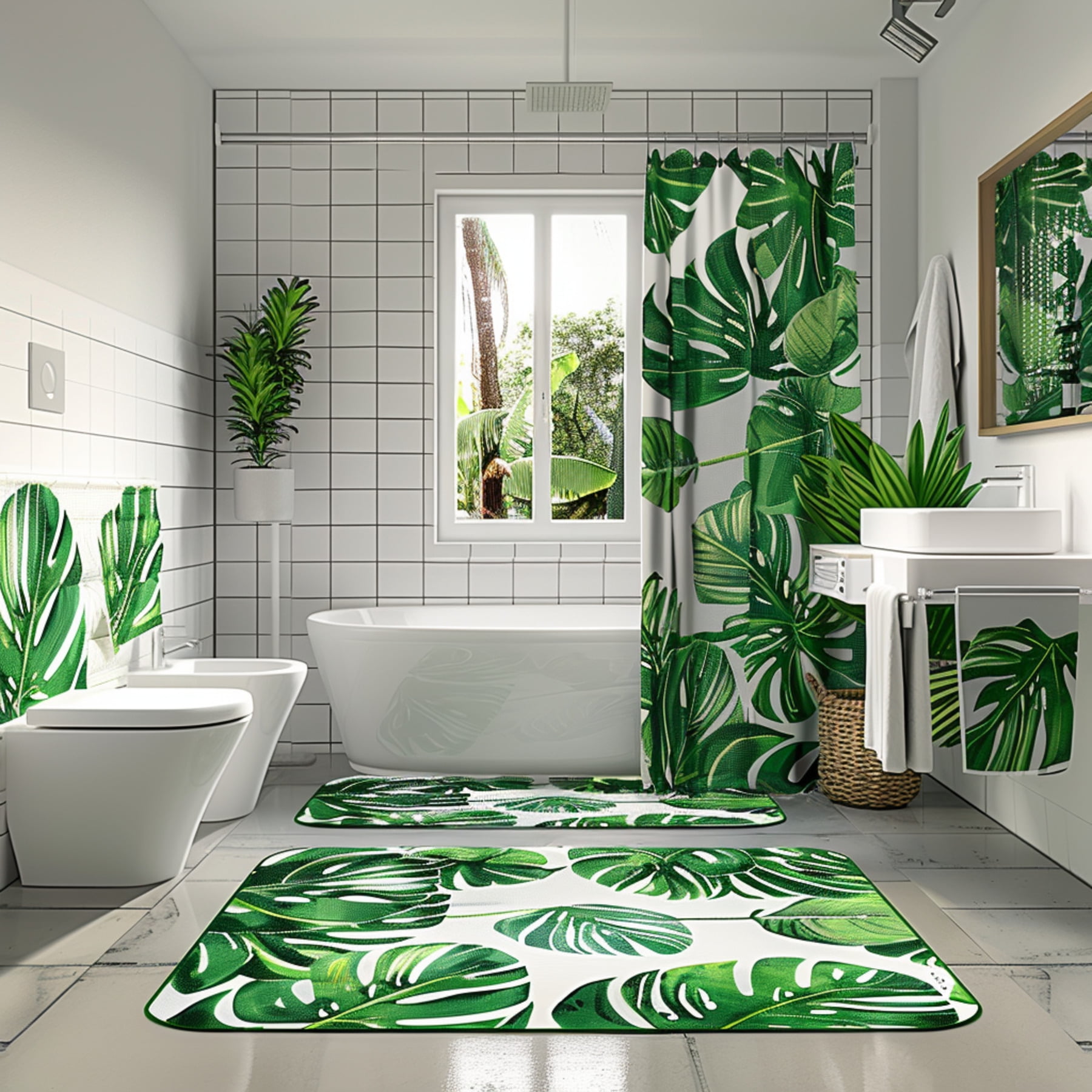 Modern Tropical Rainforest Bathroom Set With Monstera Leaves Pattern