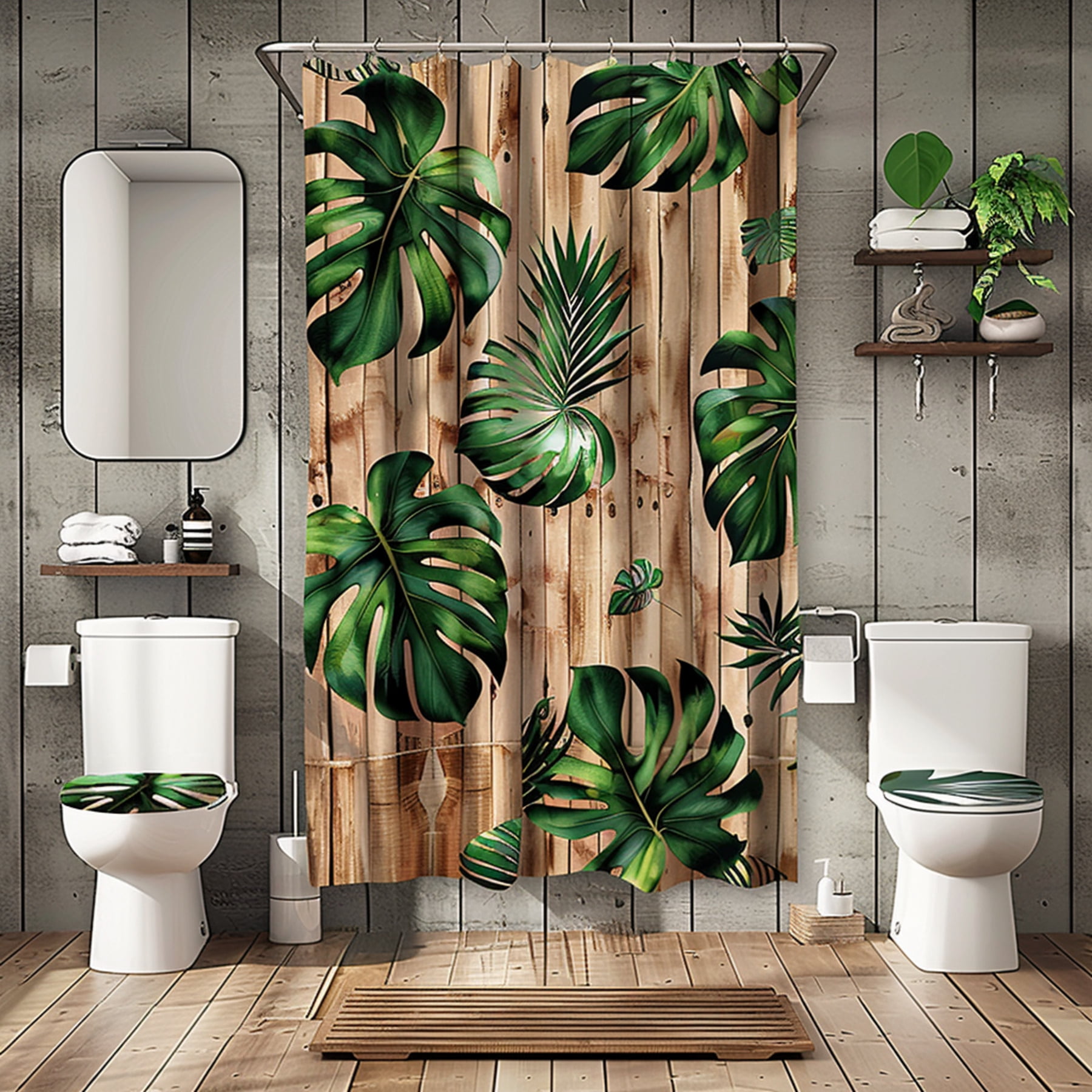 Modern Tropical Rainforest Bathroom Set with Wooden Elements Monstera ...