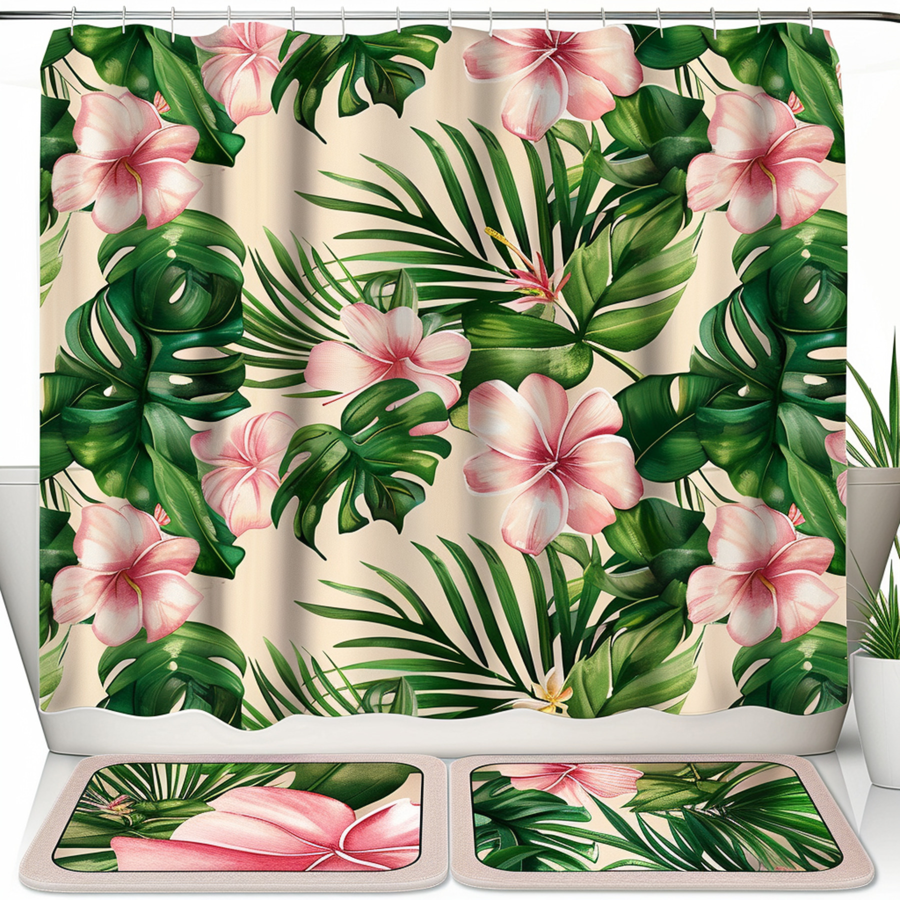 Modern Tropical Rainforest Pink Flower Shower Curtain Set Elegant White