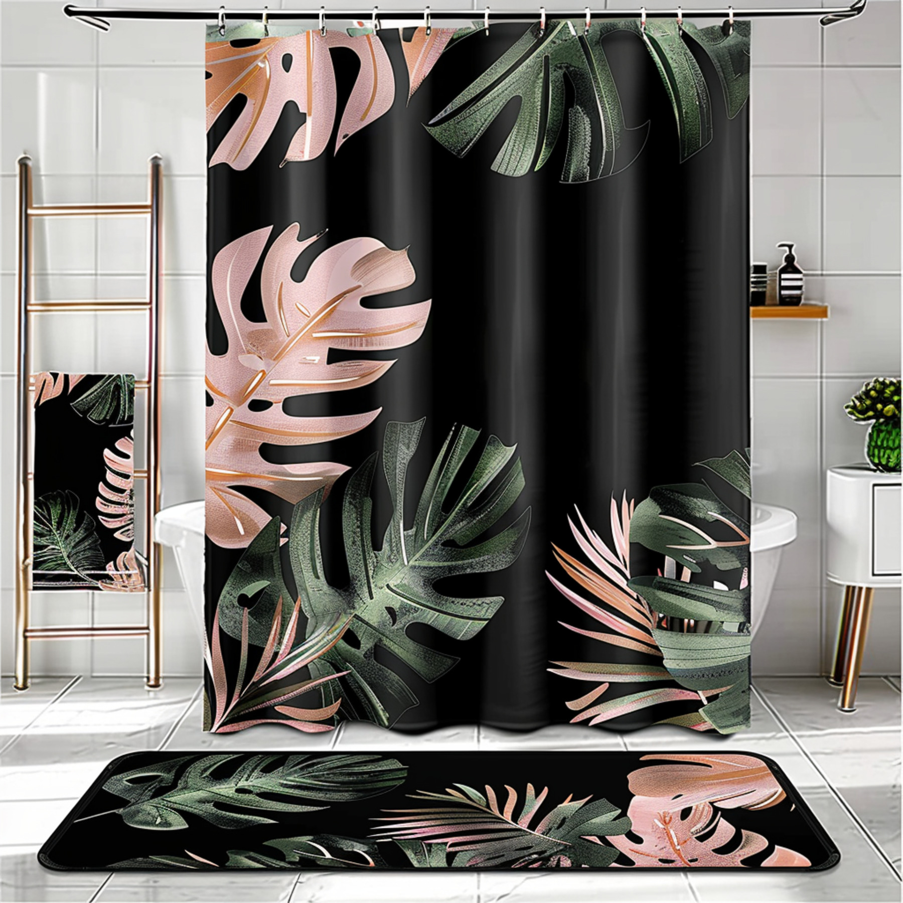 Modern Tropical Rainforest Shower Curtain Set Monstera And Palm Leaf